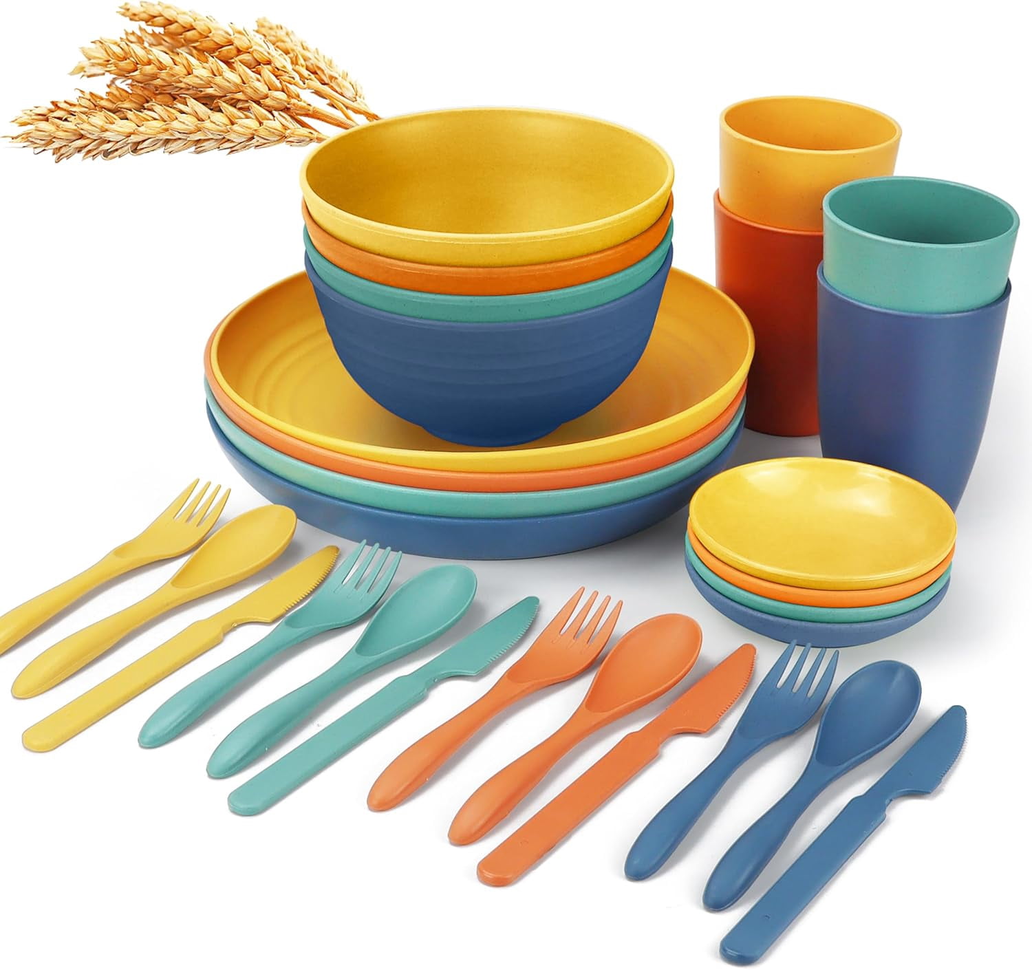 Wheat straw plates and bowls sets with cutlery - Unbreakable wheat ...