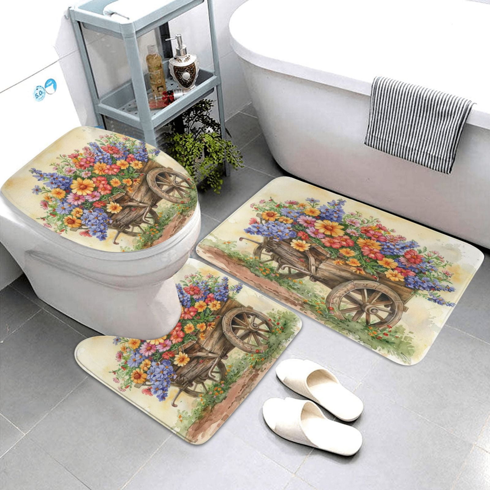 Wheelbarrow with Flowers Bath Mat Set 3 Piece Non Slip Rug Toilet Lid ...