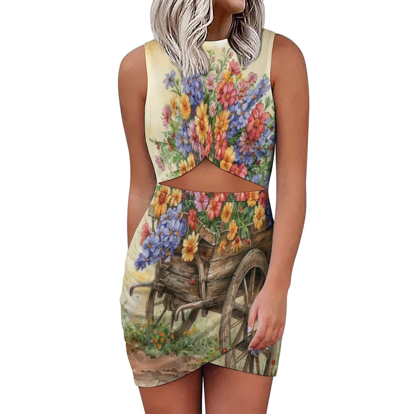 Wheelbarrow with Flowers Women's Crossover Slim Hip Dress Summer ...