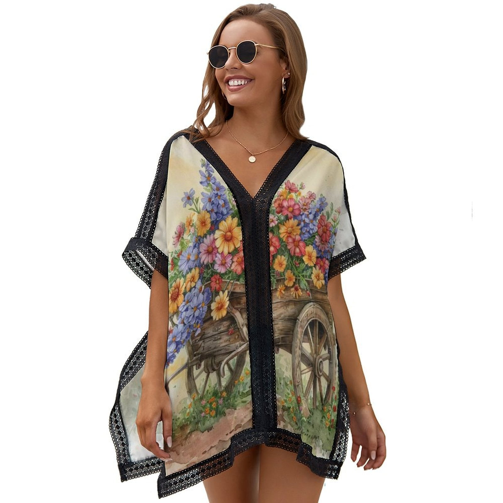 Wheelbarrow with Flowers Women's Swimsuit Coverup Summer Beach Cover Up ...