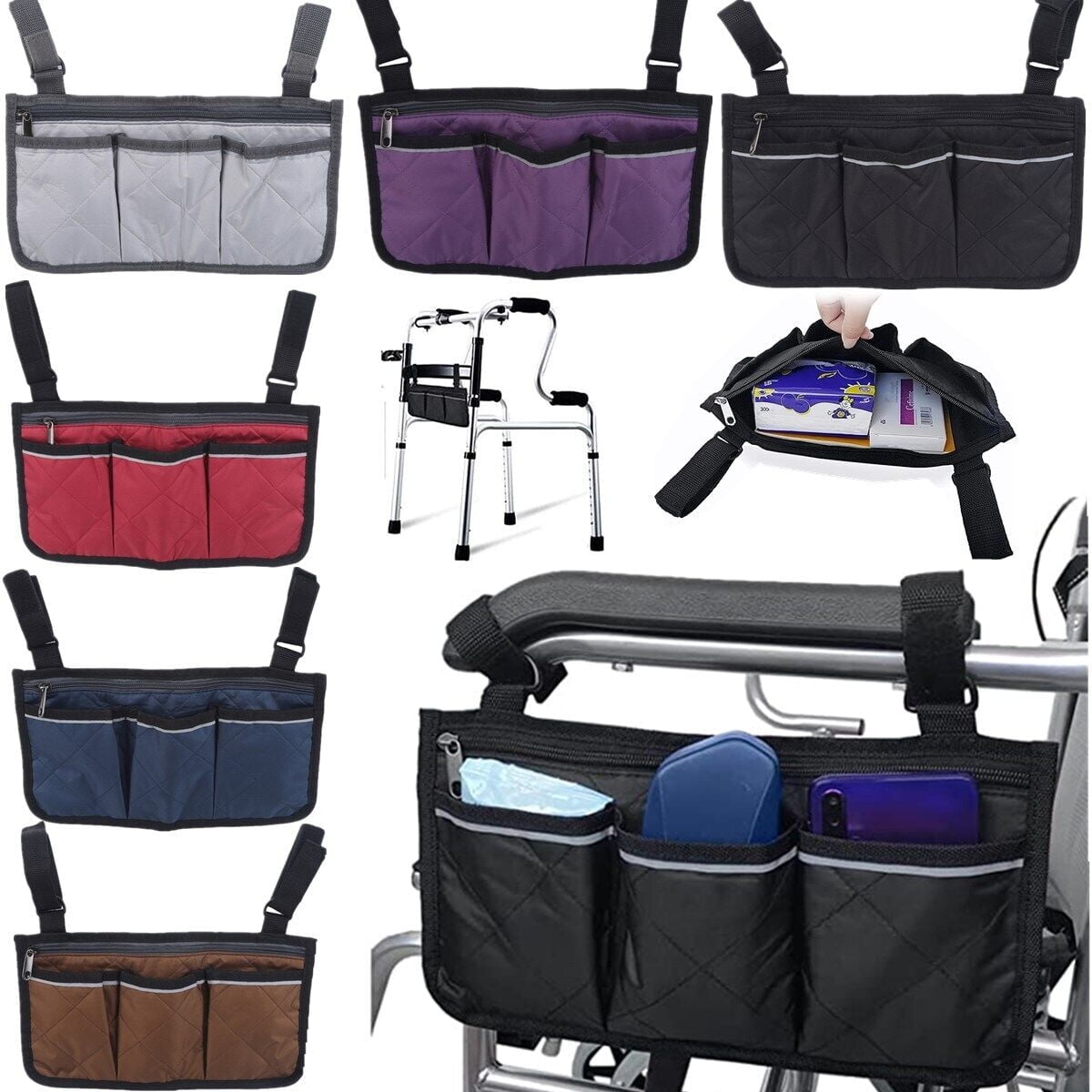 Wheelchair Armrest Pouch Organizer Wheelchair Side Bag with 3 Pockets ...