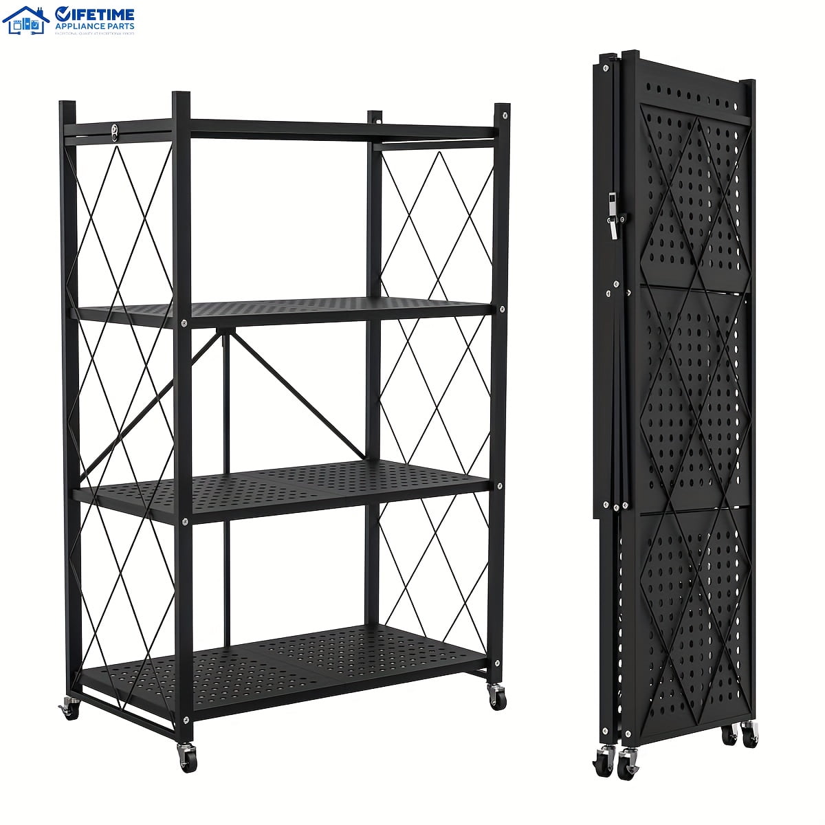 Wheeled 3/4/5 Tier Folding Storage Rack - Metal Foldable Shelf Unit ...