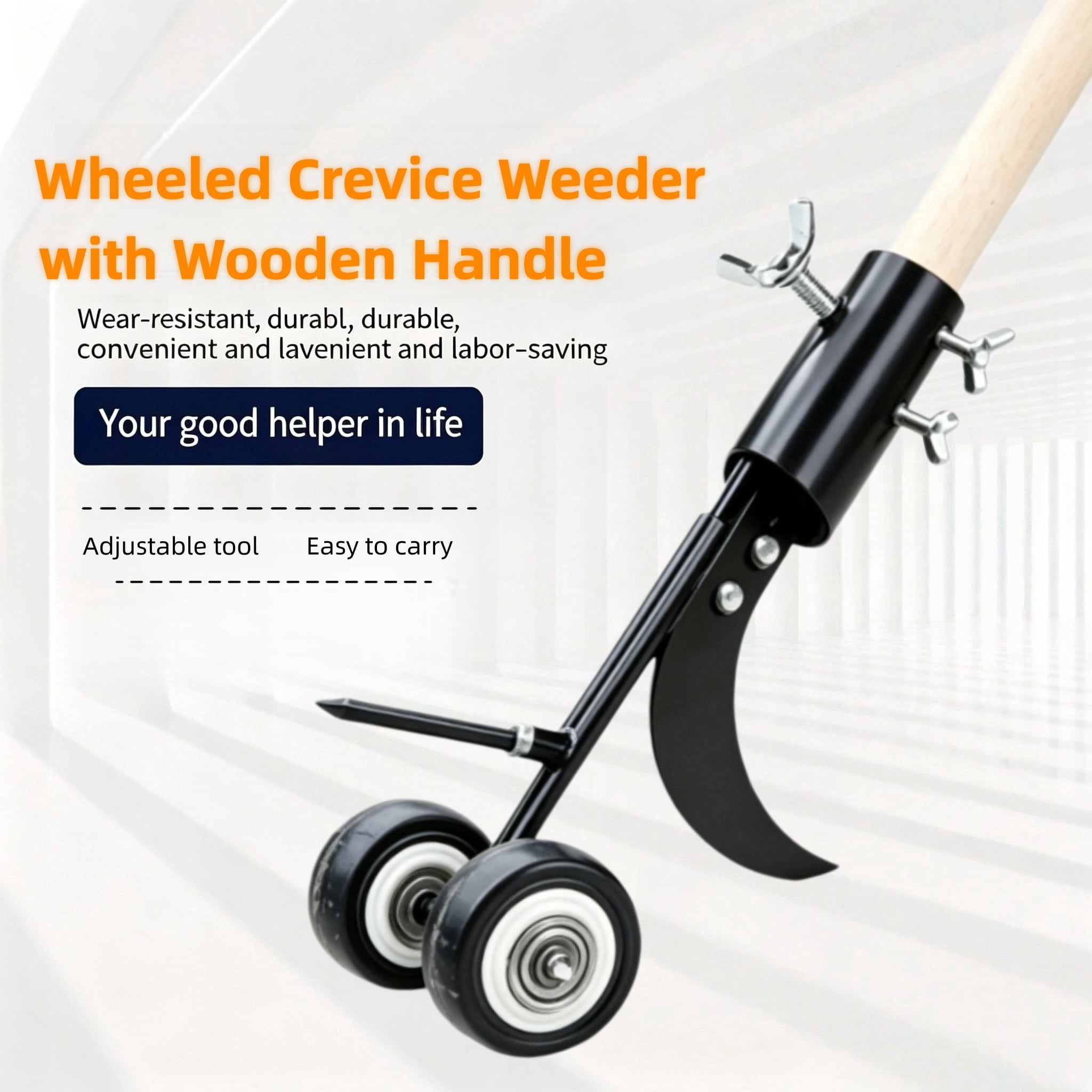 Wheeled Crevice Weeder with Wooden Handle – Adjustable Curved Blade ...