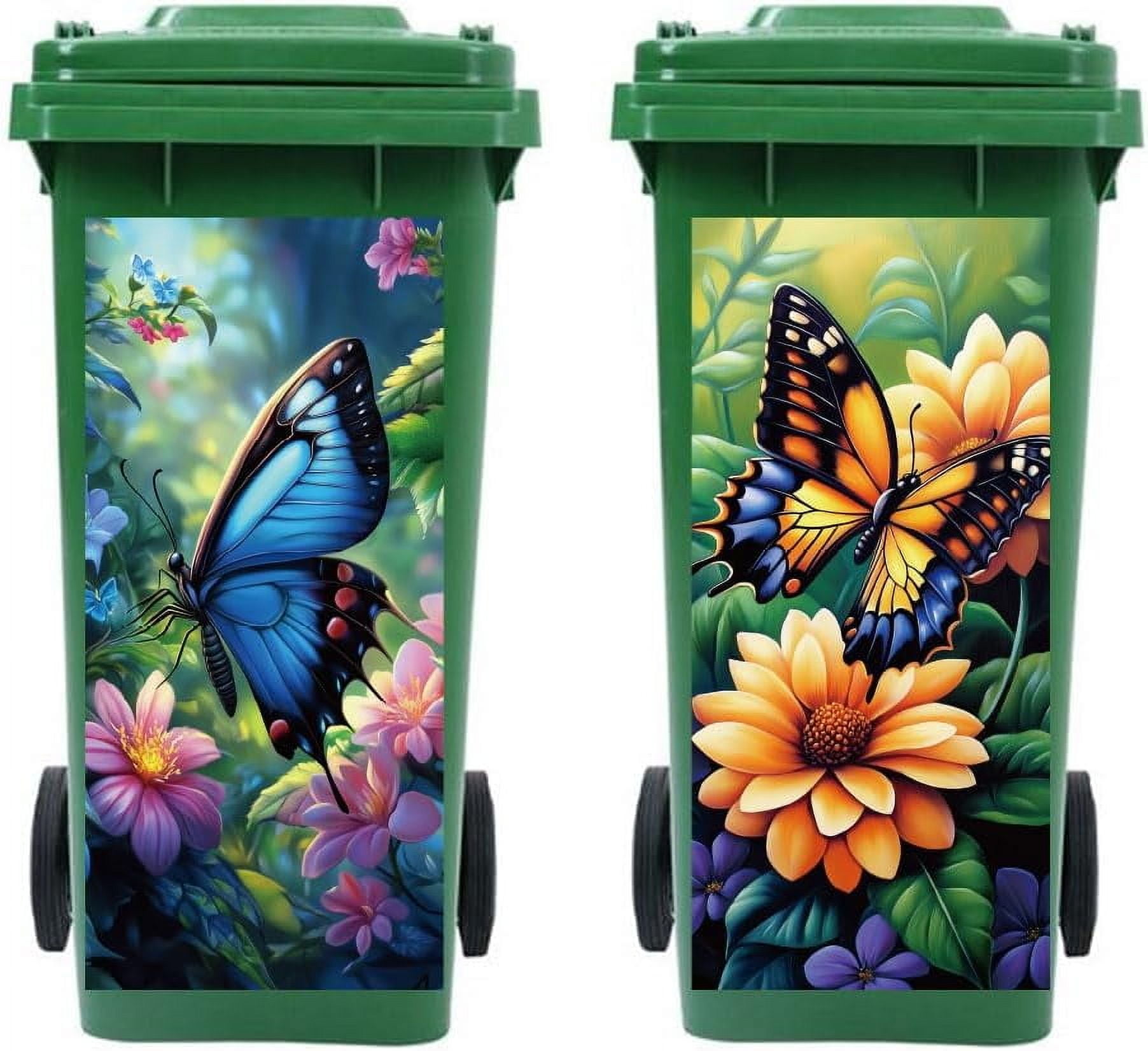 Wheelie Bin Stickers 2 Sheets Butterfly and Flowers Sticky Dustbin ...