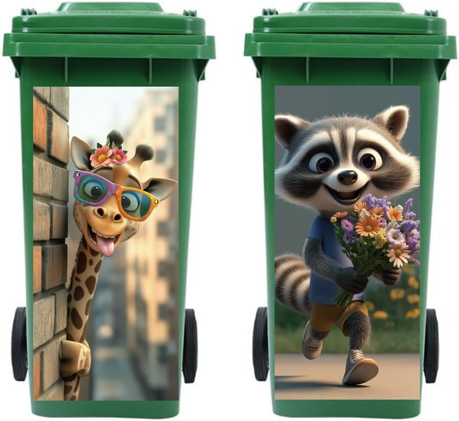 Wheelie Bin Stickers 2 Sheets Giraffe and Raccoon Sticky Dustbin ...