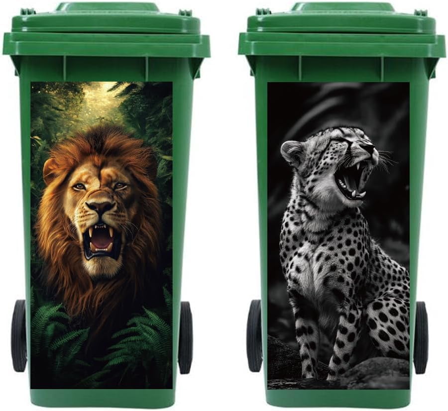Wheelie Bin Stickers 2 Sheets Lion and Cheetah Sticky Dustbin Stickers ...