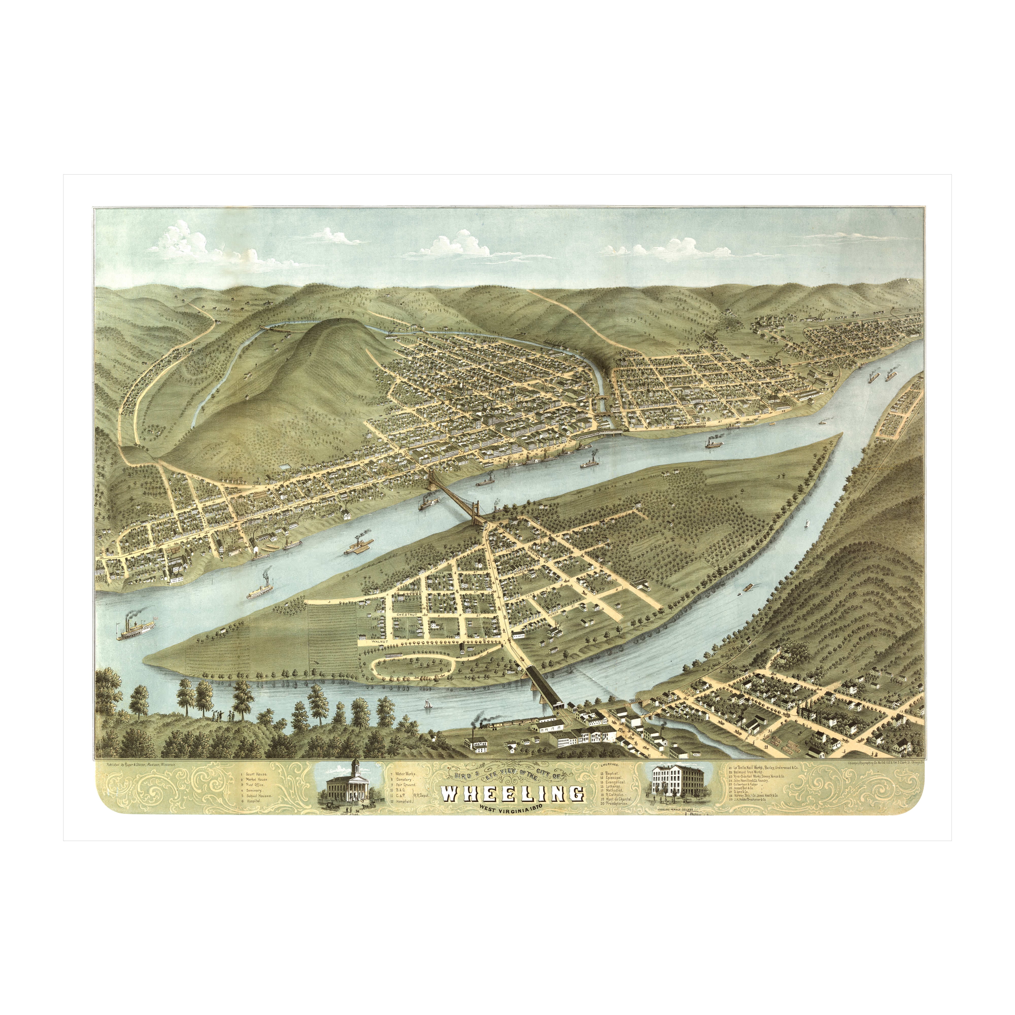 Wheeling Art, 1870 Vintage Map of Wheeling West Virginia, WV History ...