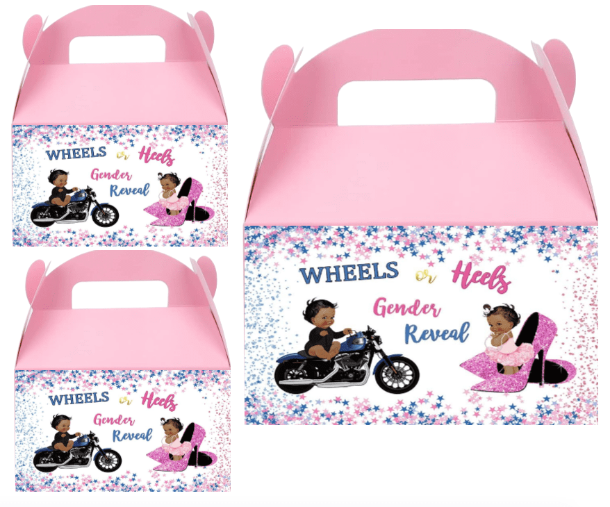 Wheels or Heels Gender Reveal Party Favor Boxes, Pink Baby Shower Gable ...