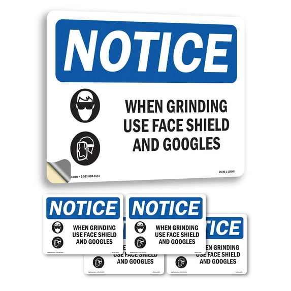 When Grinding Use Face Shield With Symbol OSHA Notice Vinyl Decal Label ...