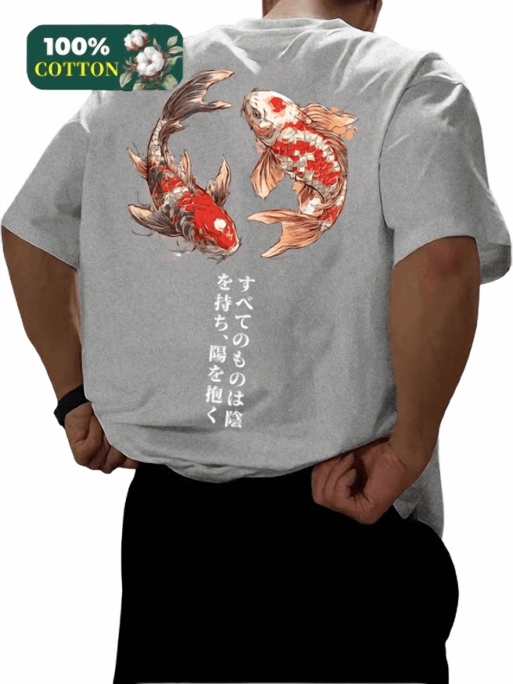 Whichone Men's Cotton T-Shirt with Koi Fish Graphic and Japanese ...