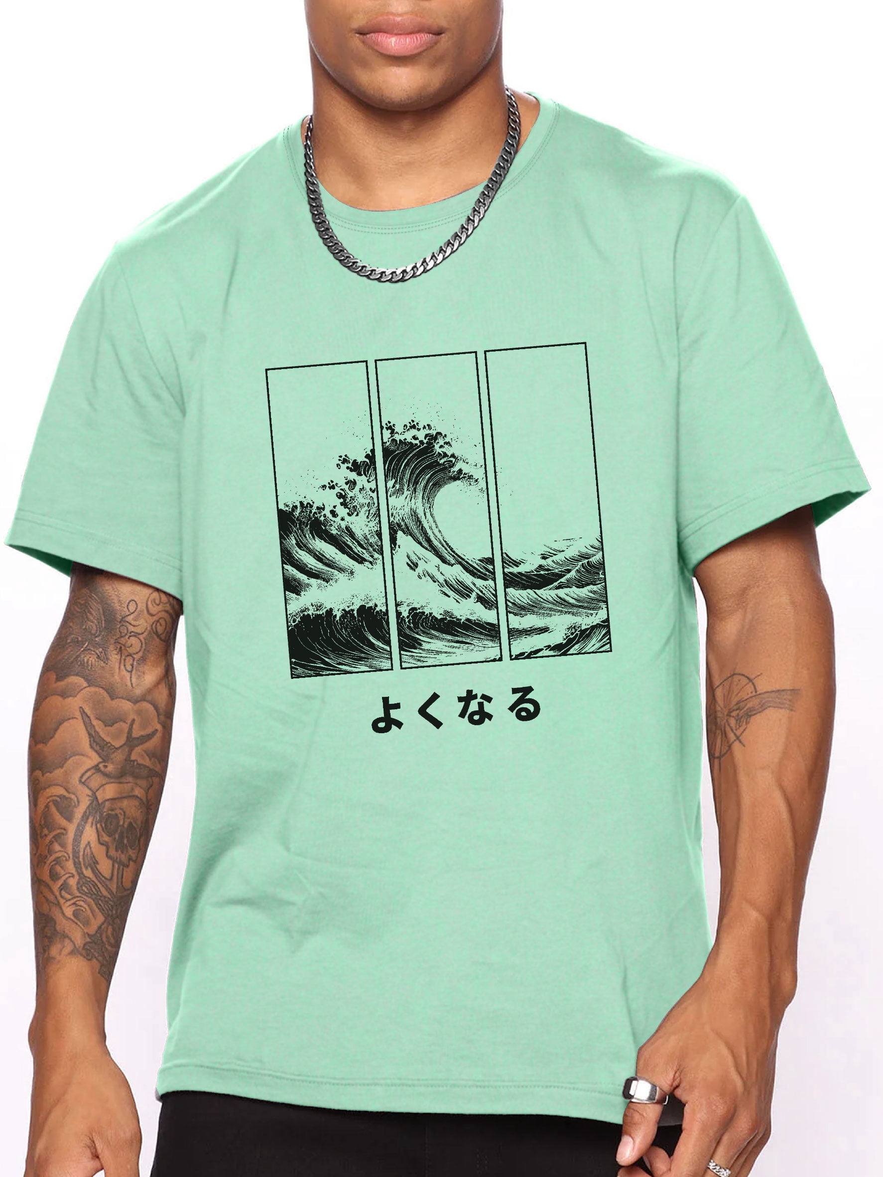 Whichone Waves Print Japanese Characters Graphics T shirts For Men ...