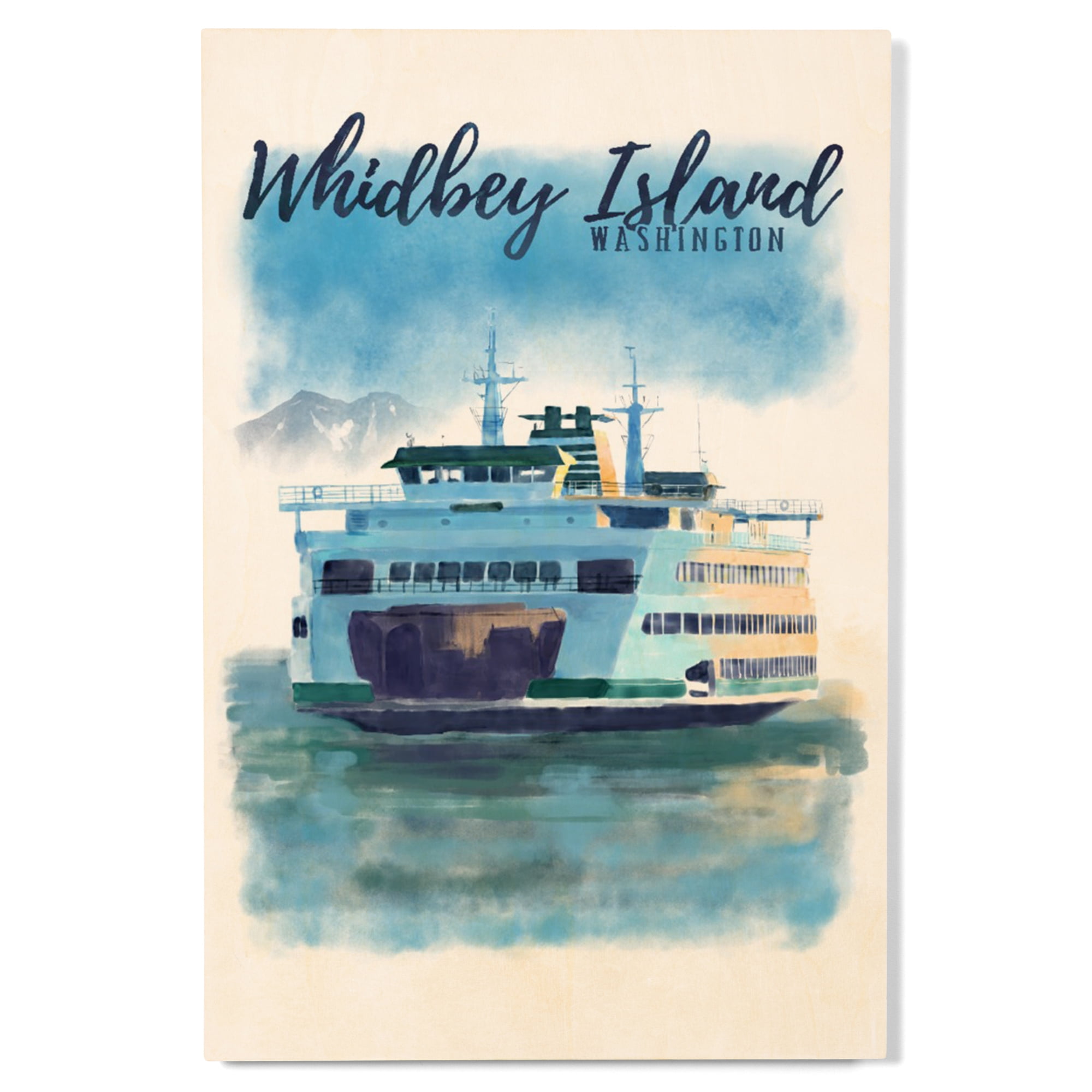 Whidbey Island, Washington, Ferry, Watercolor Birch Wood Wall Sign ...