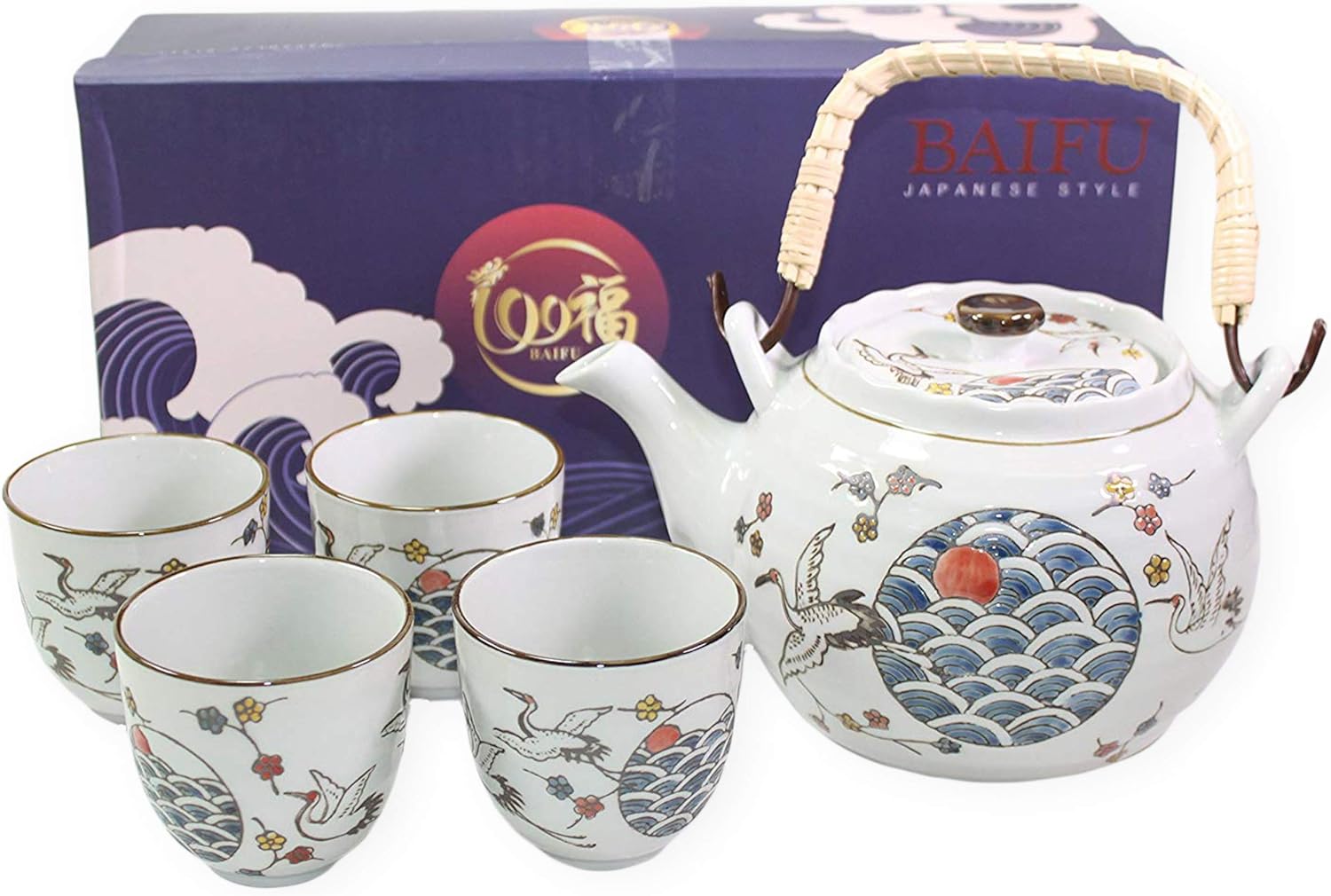 Whie Heron Japanese eapo se wih 4 ea Cups ~ Japanese Anique Design and ...