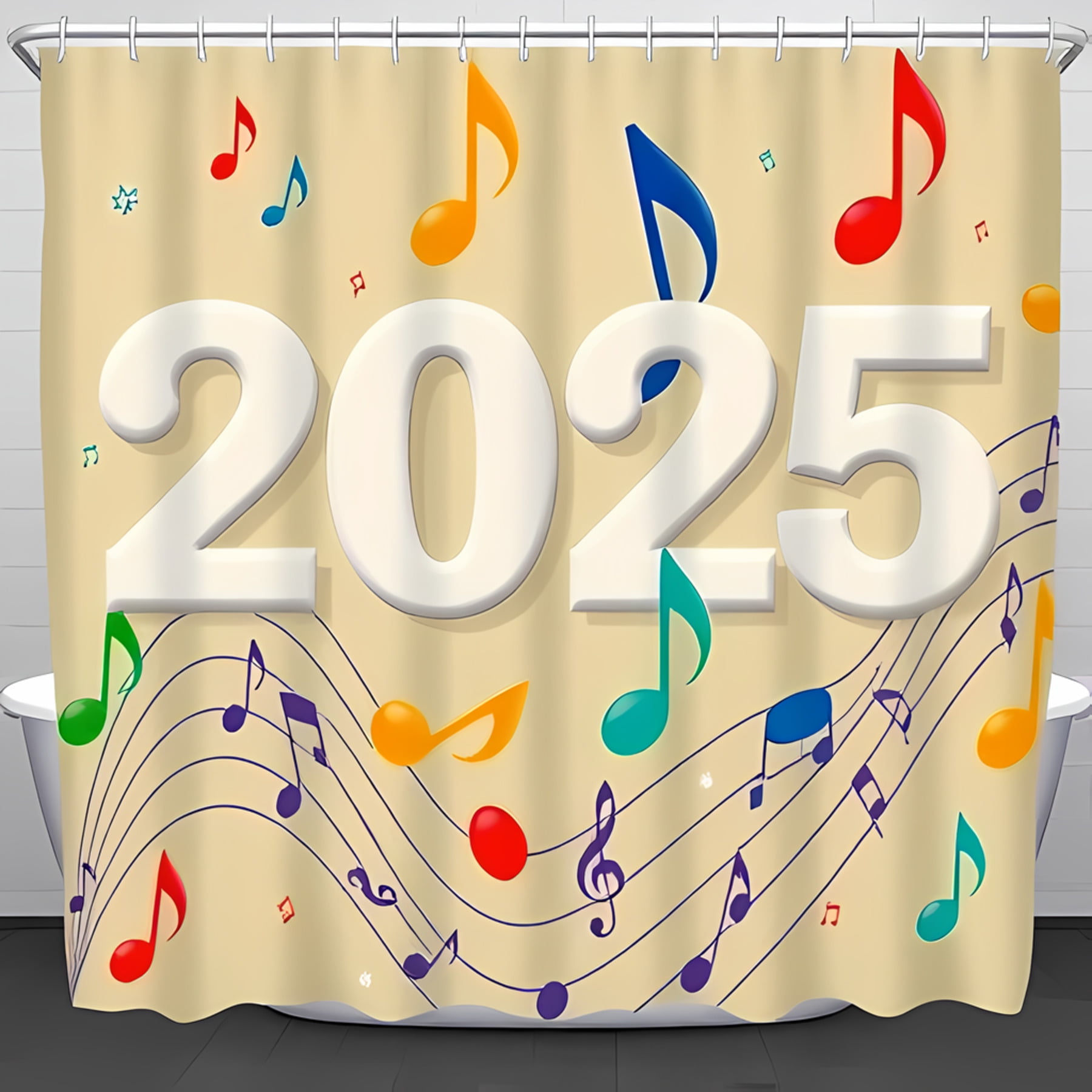 Whimsical 2025 Shower Curtain with Colorful Musical Notes on Beige ...
