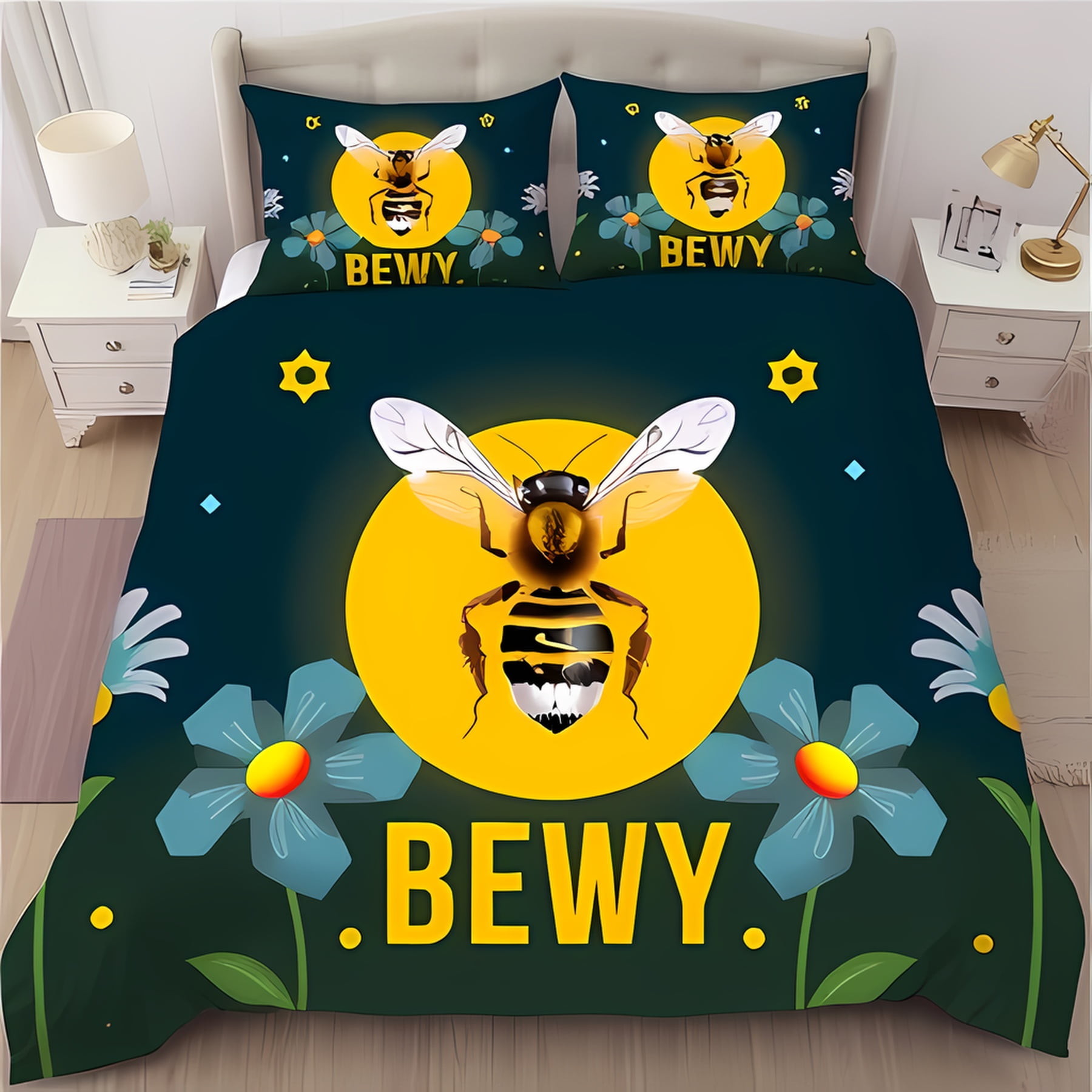 Whimsical 3-Piece Dark Teal Duvet Cover & Pillowcase Set with & Flowers - BEWY Design - Walmart.com