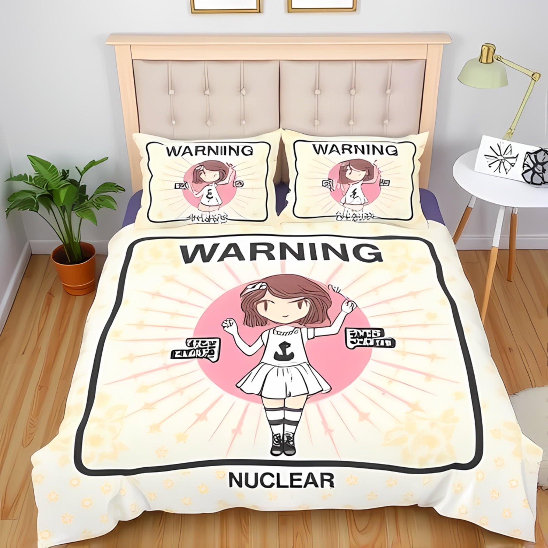 Whimsical 3-Piece Duvet Cover Set - Cartoon Girl in Nuclear Warning ...