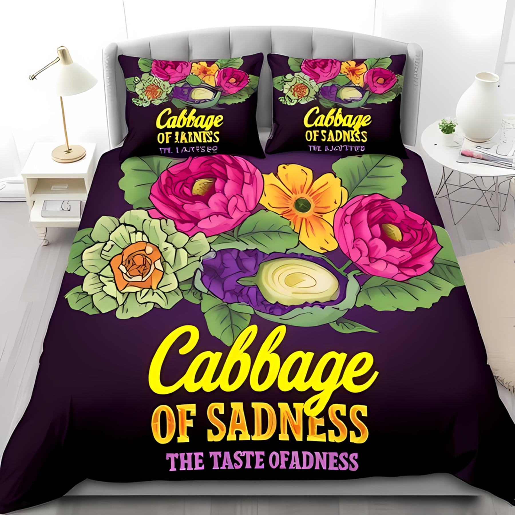 Whimsical 3-Piece Duvet Cover Set - Colorful Floral & Cabbage Design ...