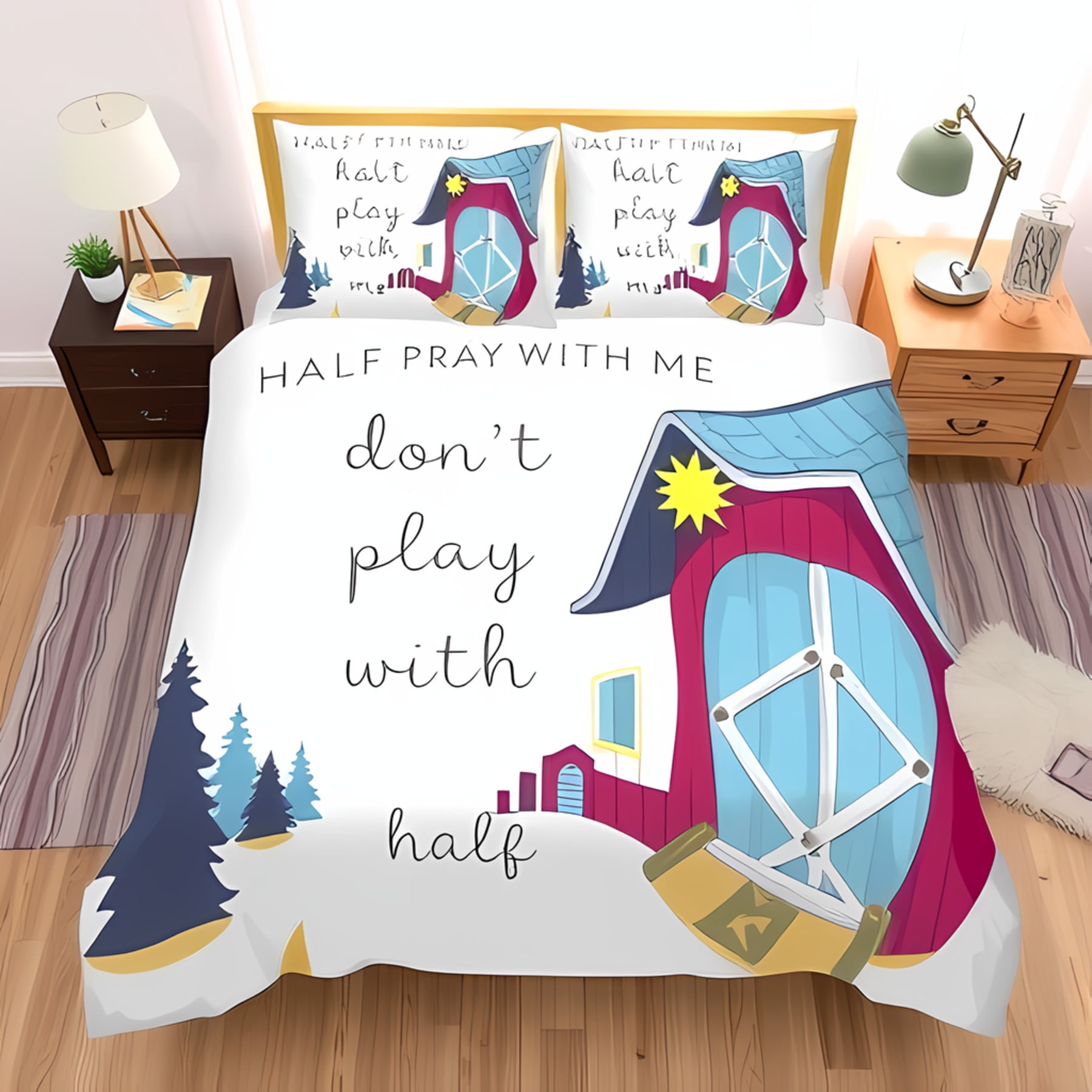 Whimsical 3-Piece Duvet Cover Set - Colorful House & Trees Design with ...