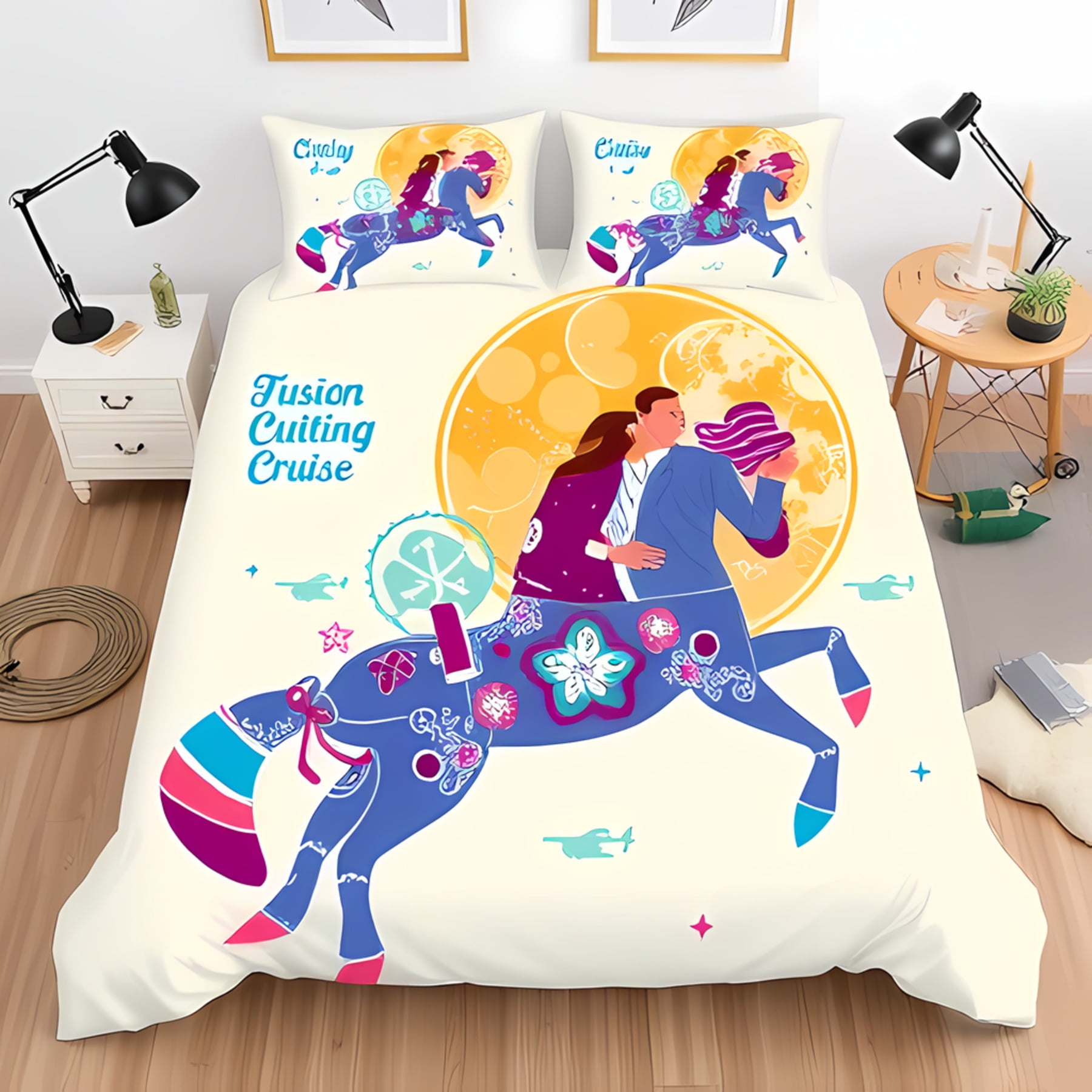 Whimsical 3-Piece Duvet Cover Set - Colorful & Rider Design with Stars ...