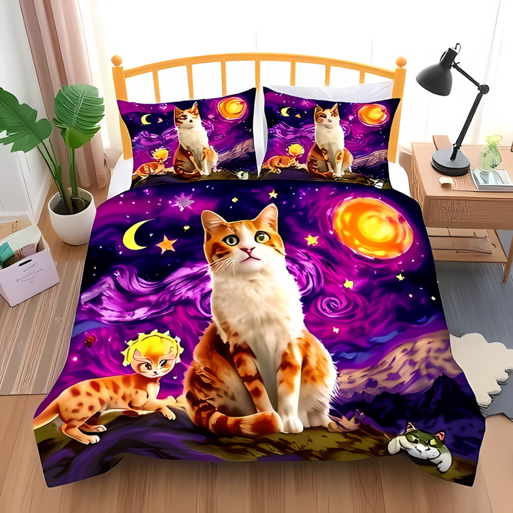 Whimsical 3-Piece Duvet Cover Set Featuring Cartoon Cats in Design with ...