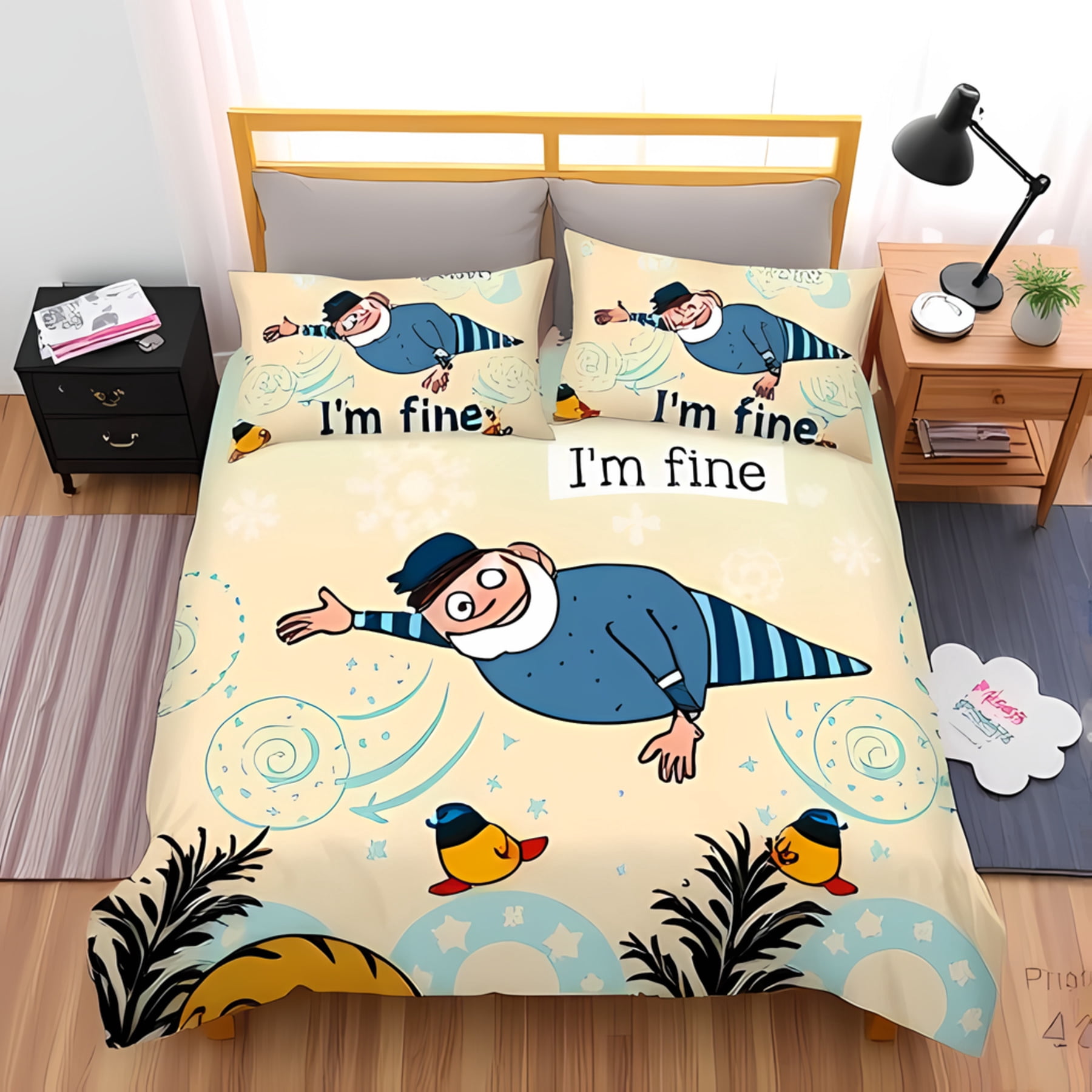 Whimsical 3-Piece Duvet Cover Set Featuring Cartoon Character with Blue ...