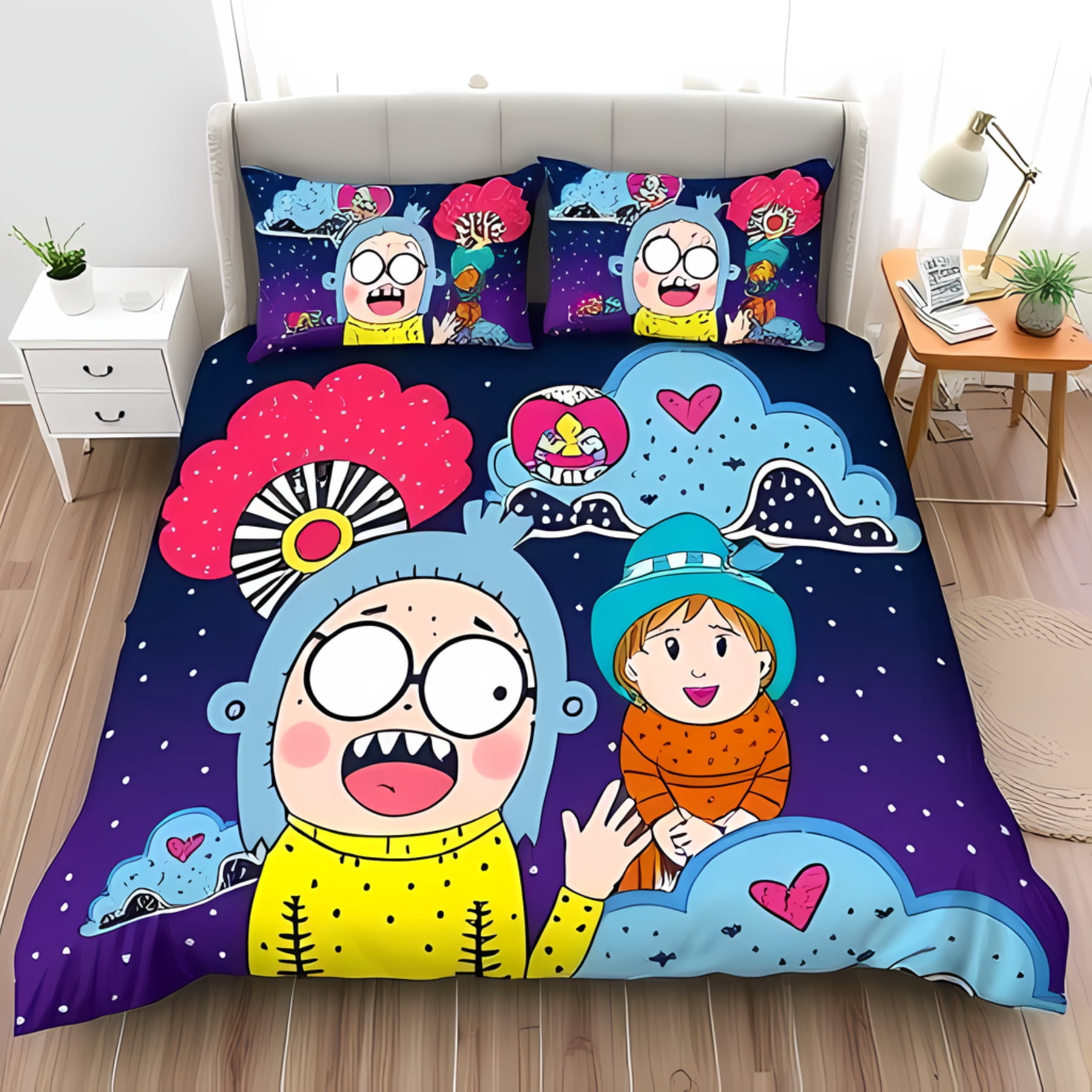 Whimsical 3-Piece Duvet Cover Set Featuring Cartoon Character in Blue ...