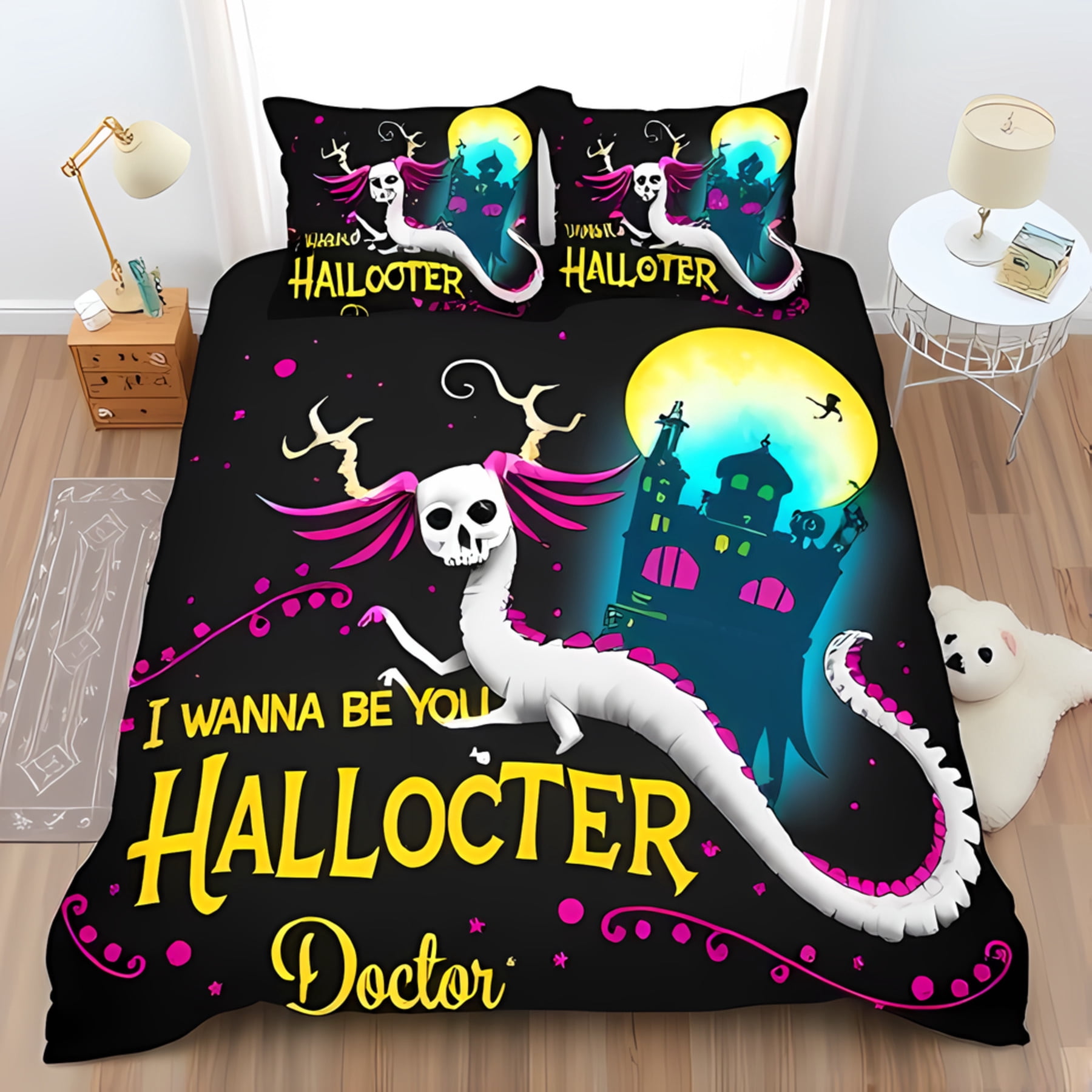 Whimsical 3-Piece Duvet Cover Set Featuring Dragon Creature with Pink ...