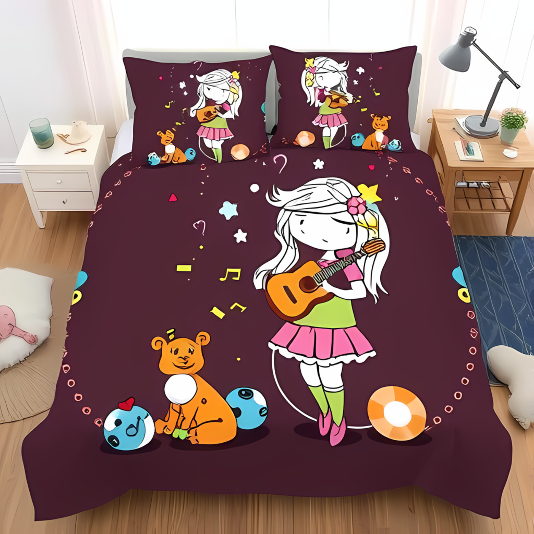 Whimsical 3-Piece Duvet Cover Set Maroon Background with Cartoon ...