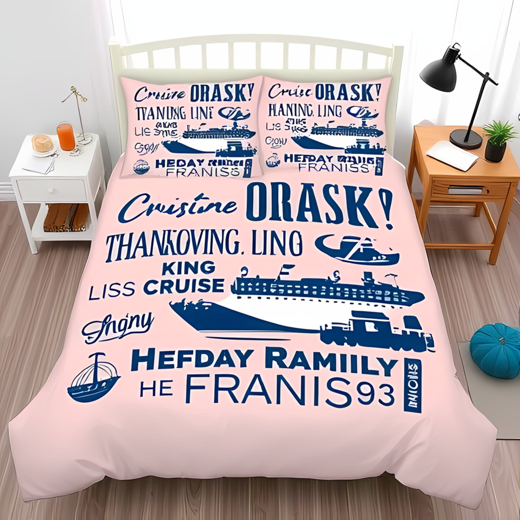 Whimsical 3-Piece Duvet Cover Set - Ships & Ocean Graphics on Soft Pink ...