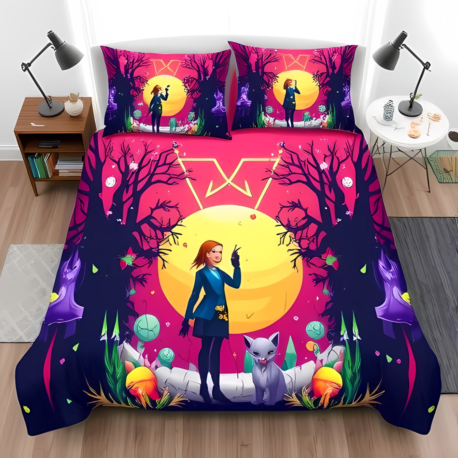 Whimsical 3-Piece Duvet Cover Set with Surreal Landscape Glowing Yellow ...
