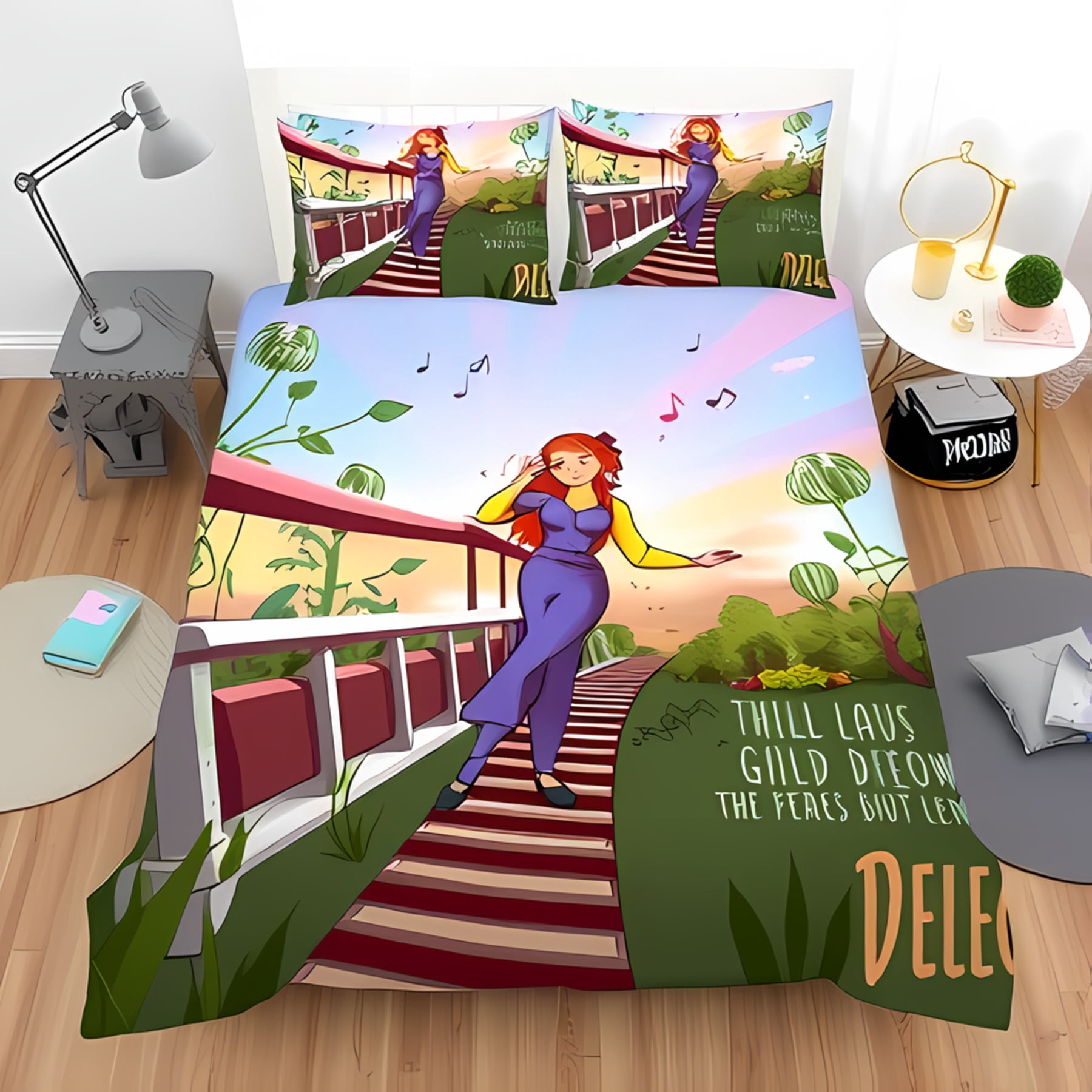 Whimsical 3-Piece Duvet Cover Set - Woman on Striped Bridge with ...