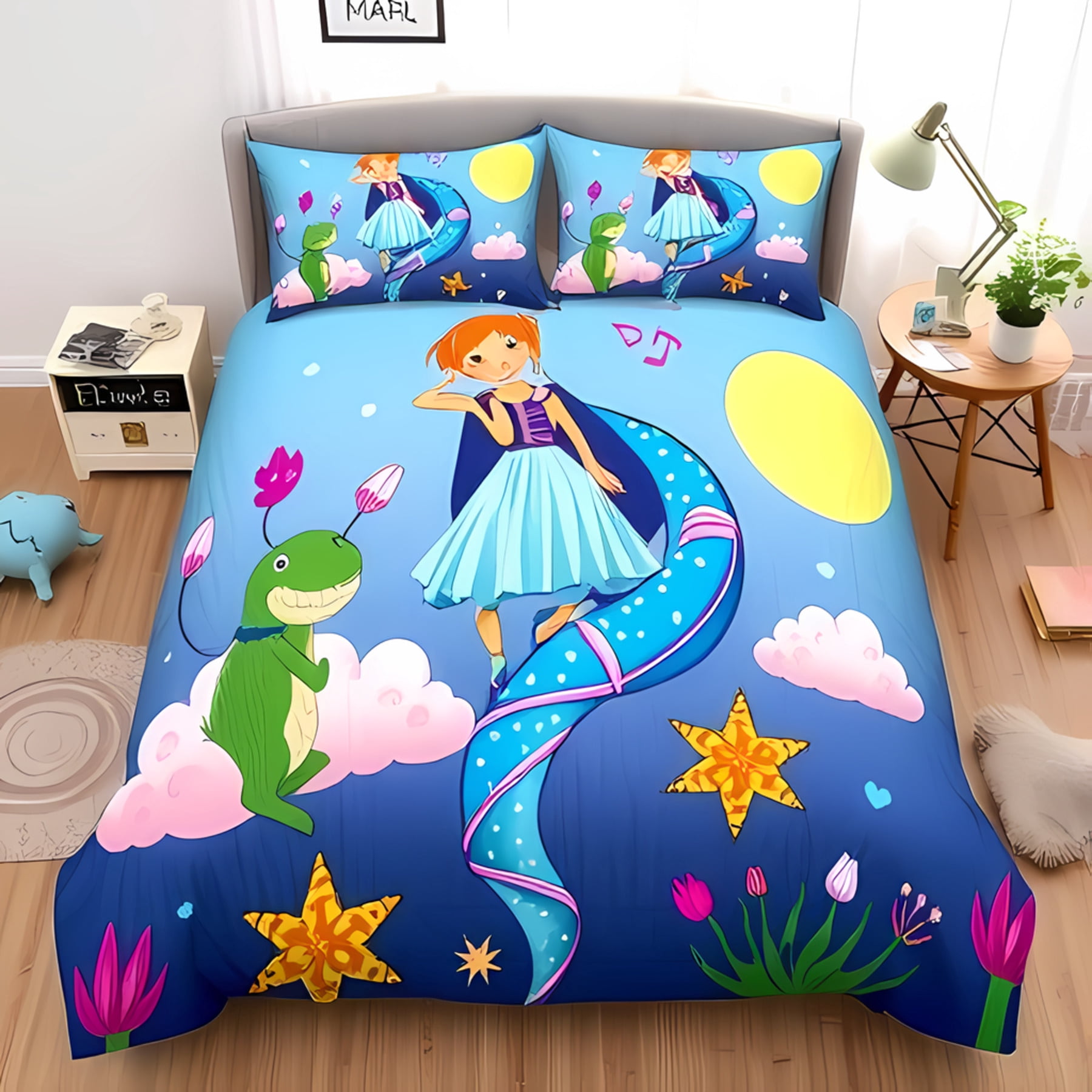 Whimsical 3-Piece Duvet Cover Set - on Moon with Dinosaurs Starry Sky ...