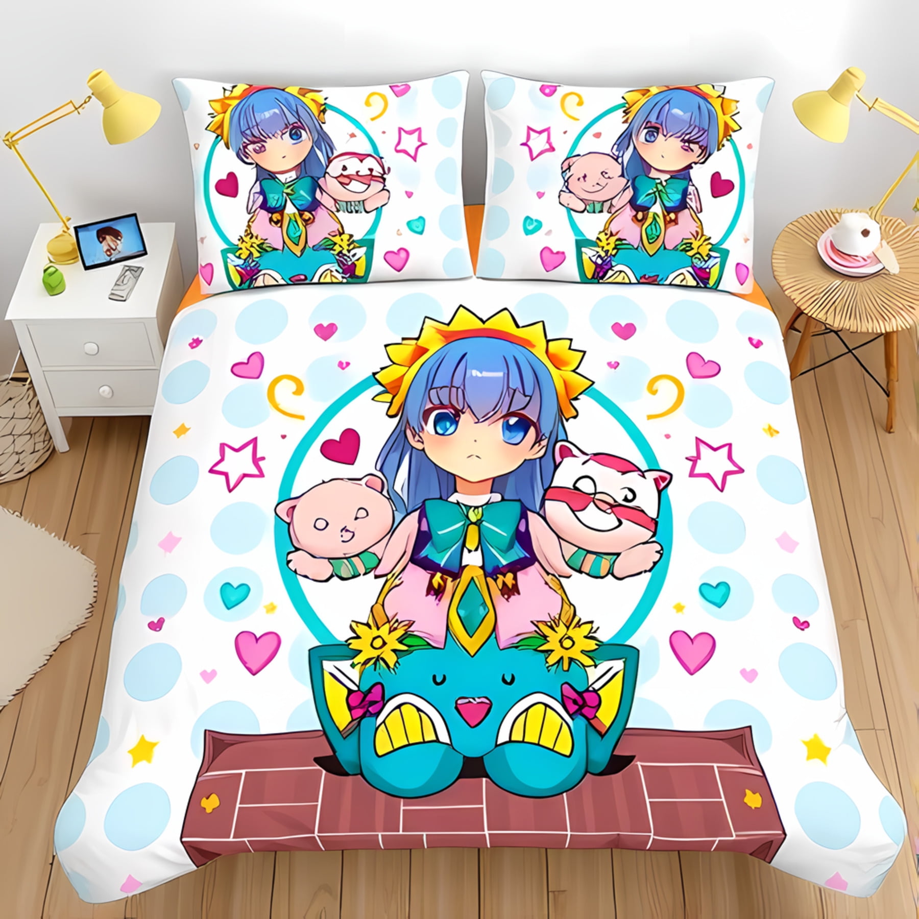 Whimsical 3-Piece Duvet Cover Set with Anime Girl Design Blue Hair ...