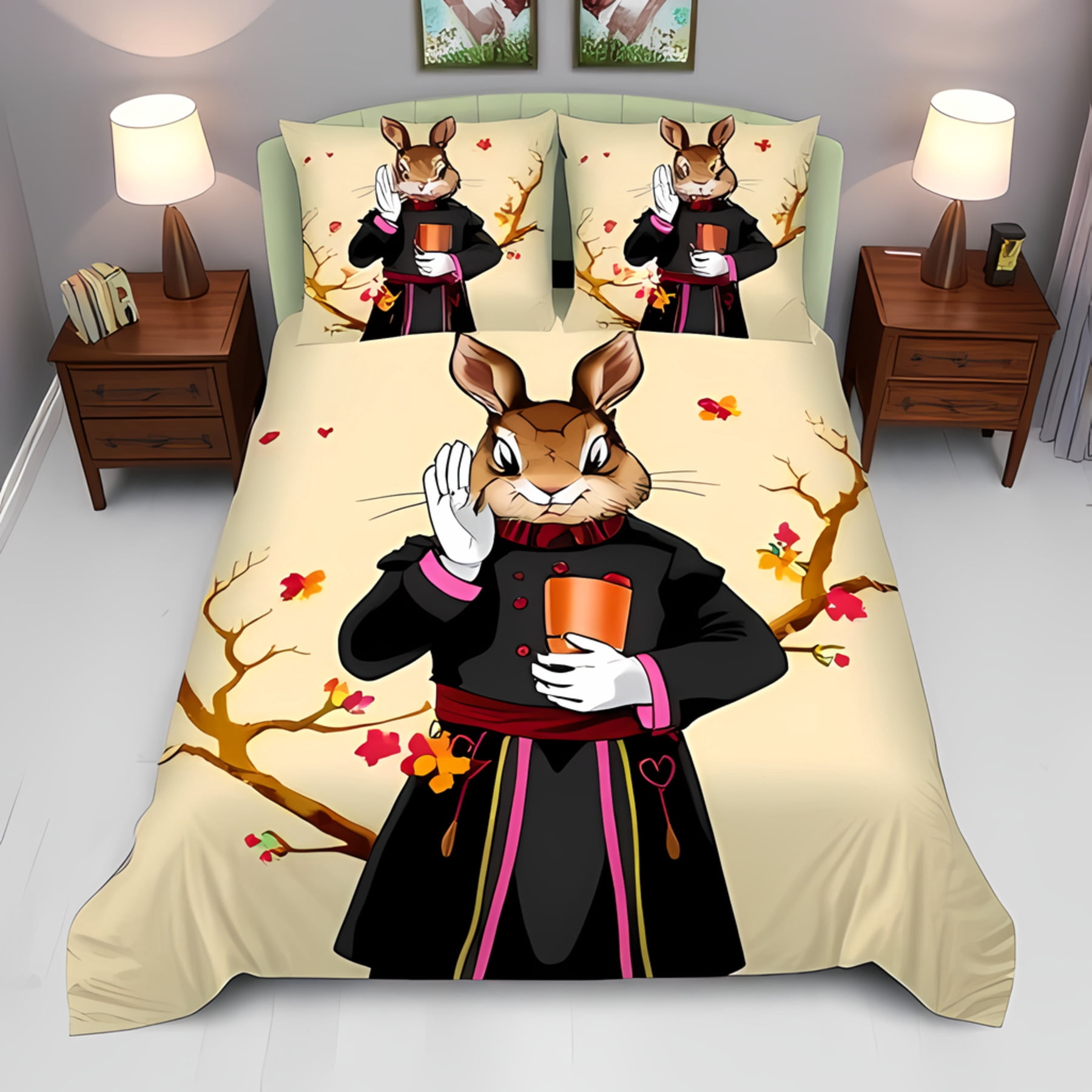 Whimsical 3-Piece Duvet Cover Set with Anthropomorphic Rabbit Design ...