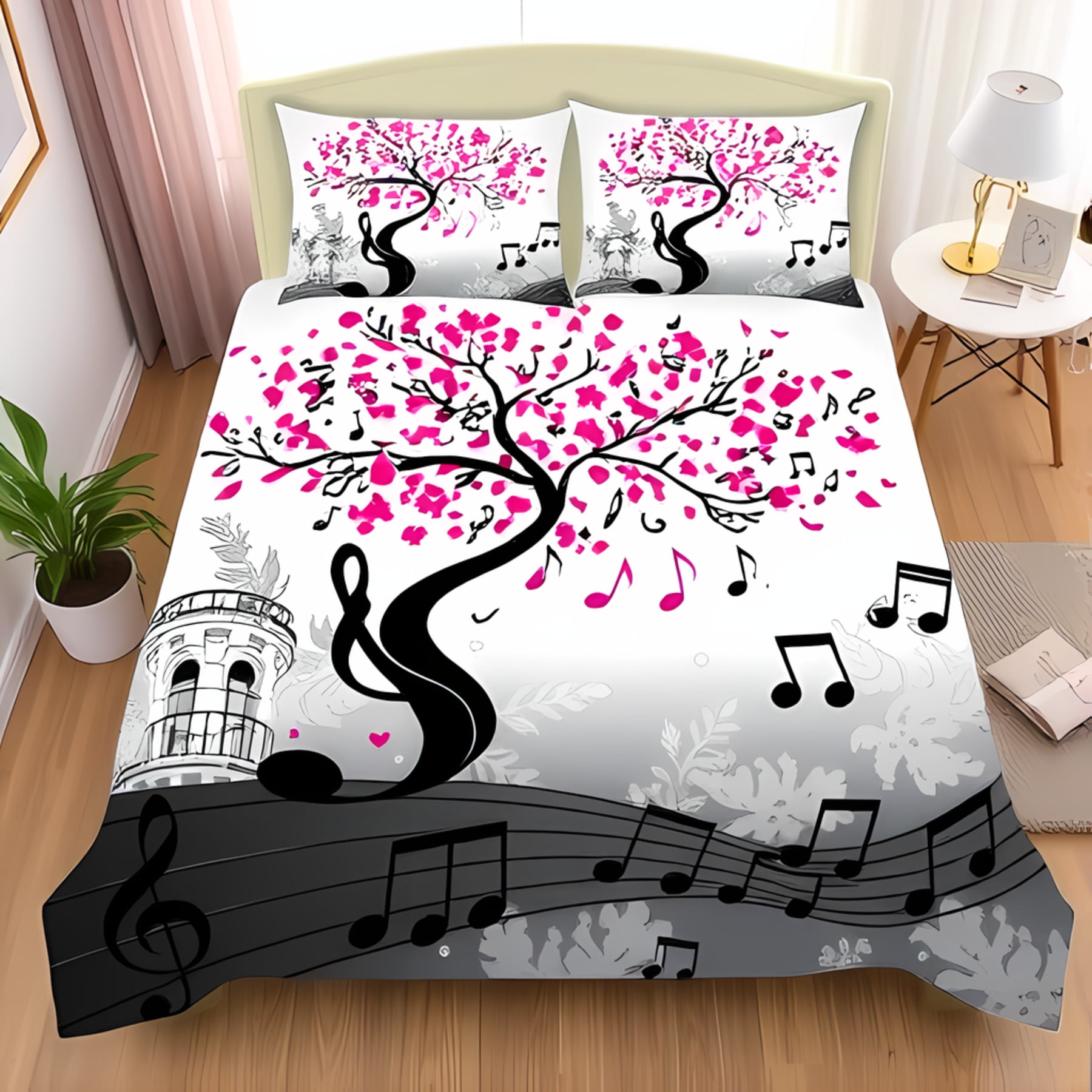 Whimsical 3-Piece Duvet Cover Set with Black Tree & Pink Leaves Musical ...