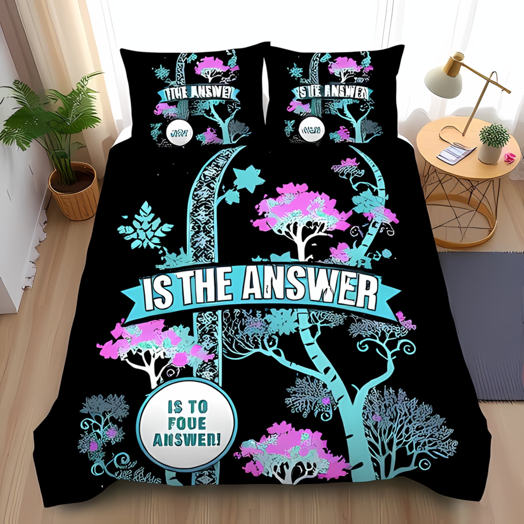 Whimsical 3-Piece Duvet Cover Set with Bold 'IS THE ANSWER' Banner & Colorful Tree Patterns ...