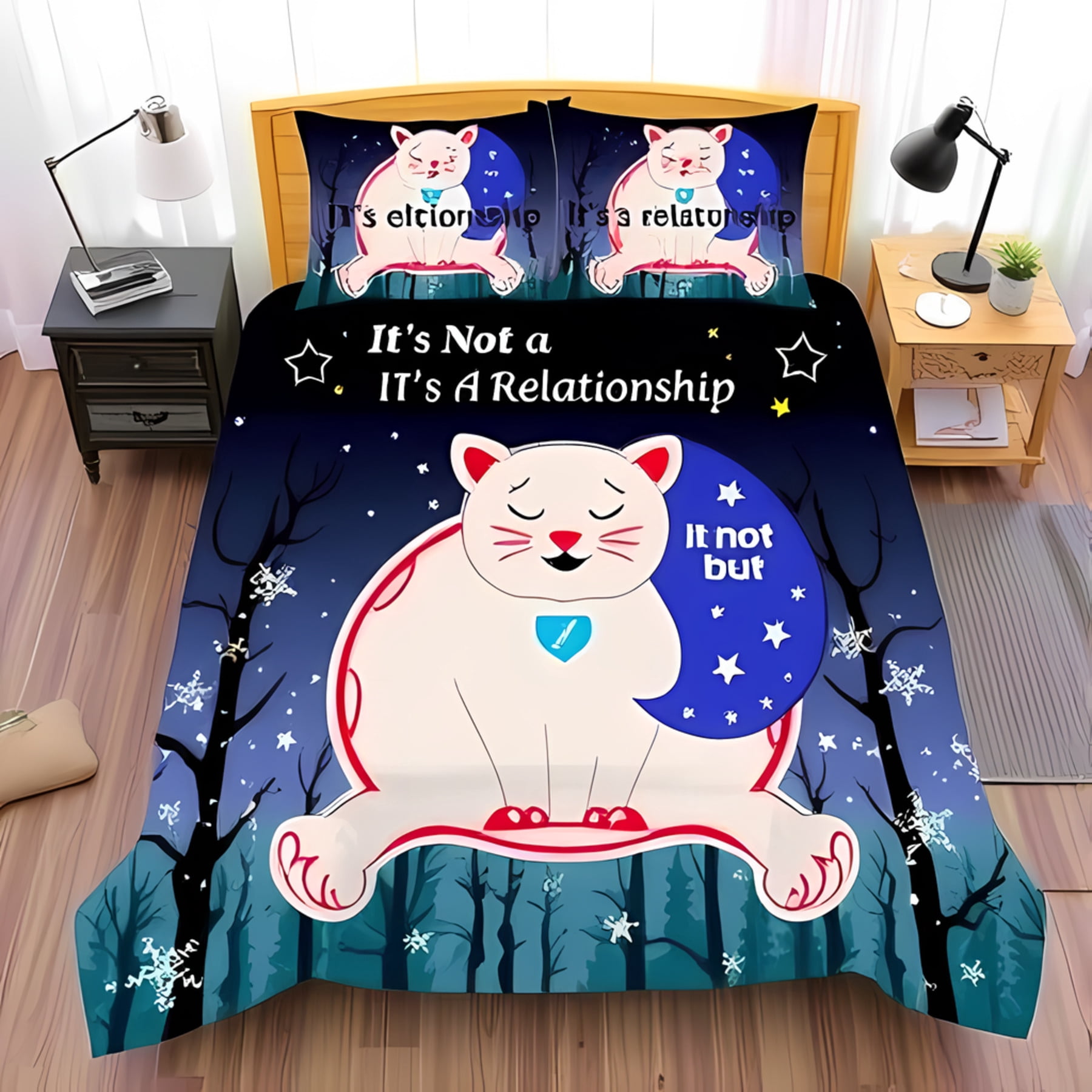 Whimsical 3-Piece Duvet Cover Set with Cartoon Cat Starry Night ...