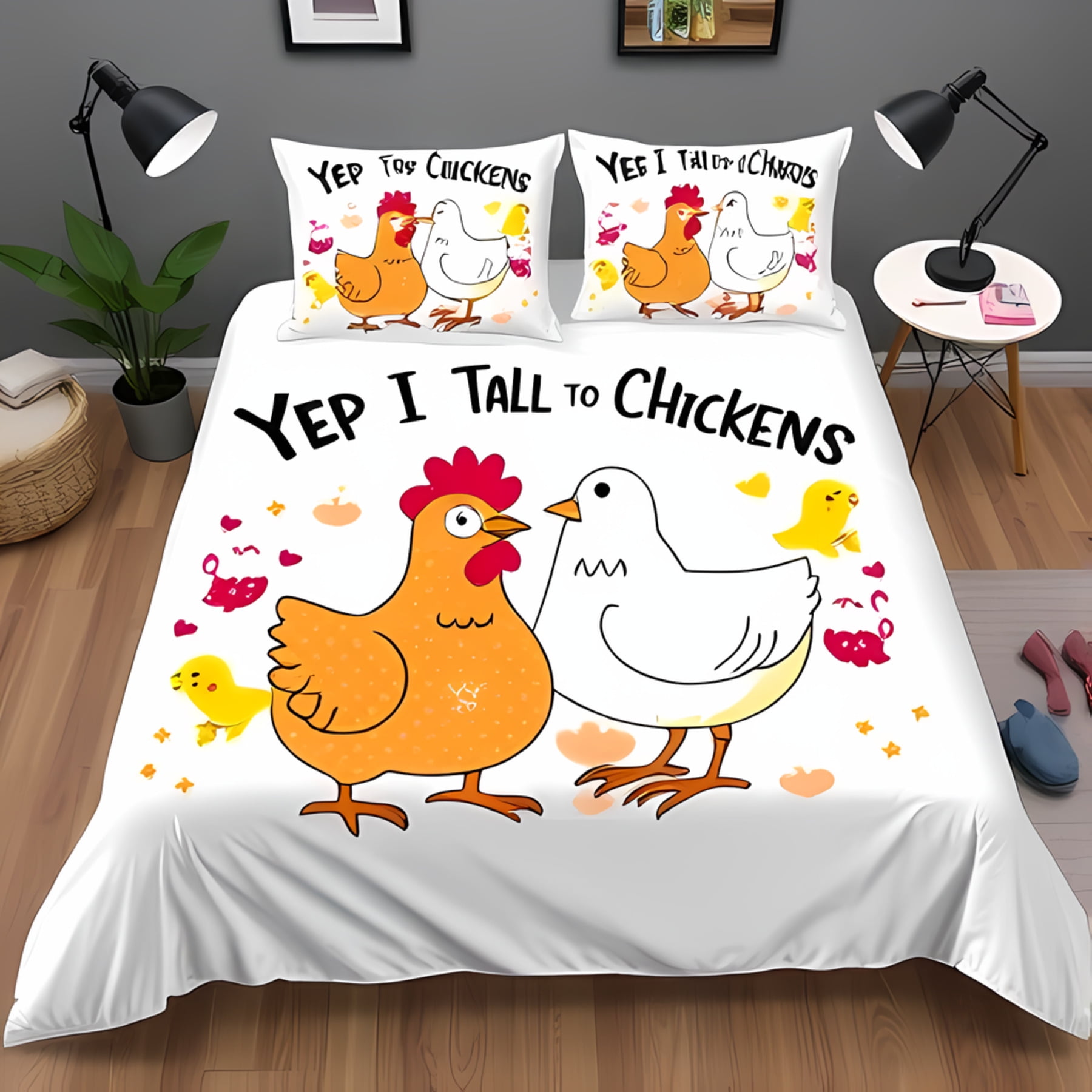 Whimsical 3-Piece Duvet Cover Set with Cartoon Chickens & Yellow Chicks ...