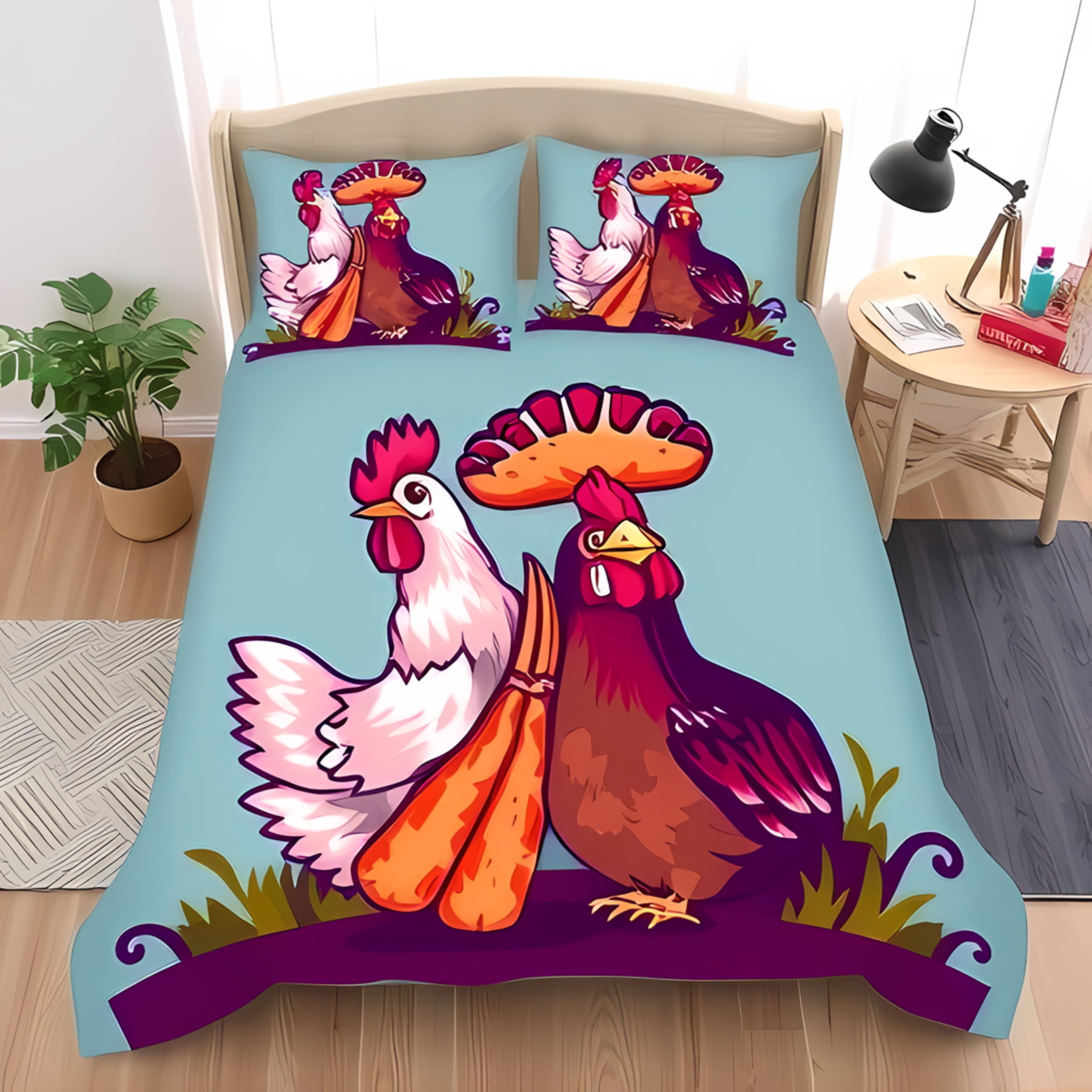 Whimsical 3-Piece Duvet Cover Set with Cartoon Chickens on - Cozy Farm ...