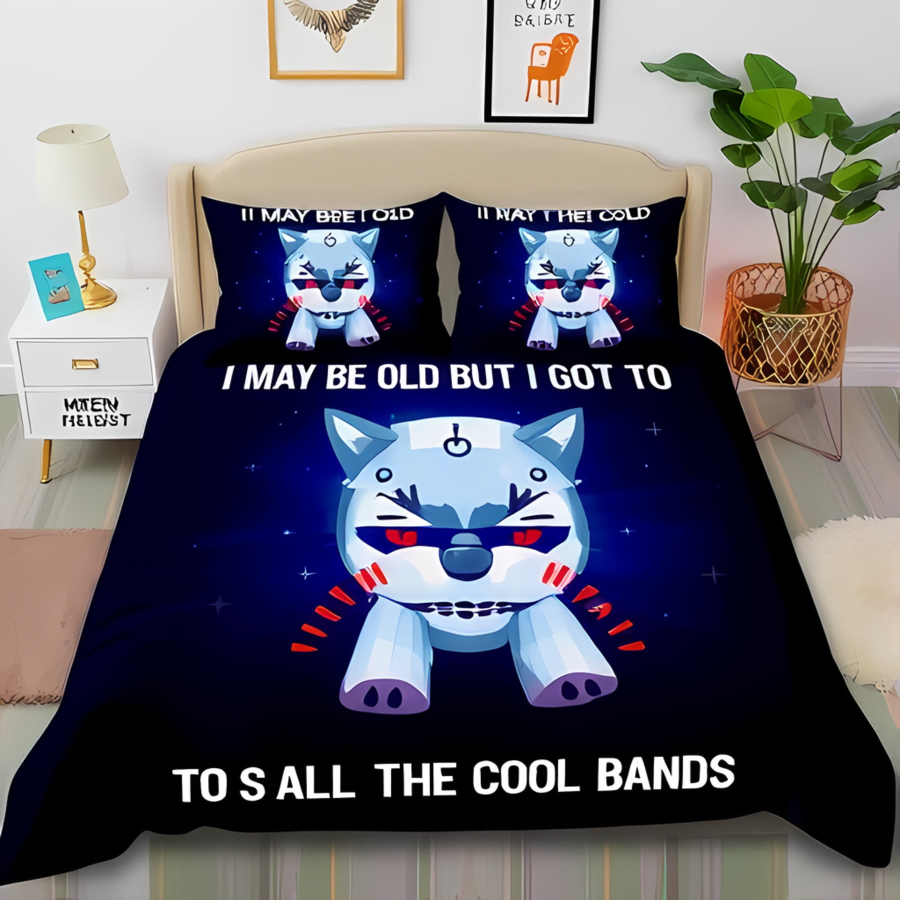Whimsical 3-Piece Duvet Cover Set with Cartoon Robotic Wolf on Starry ...