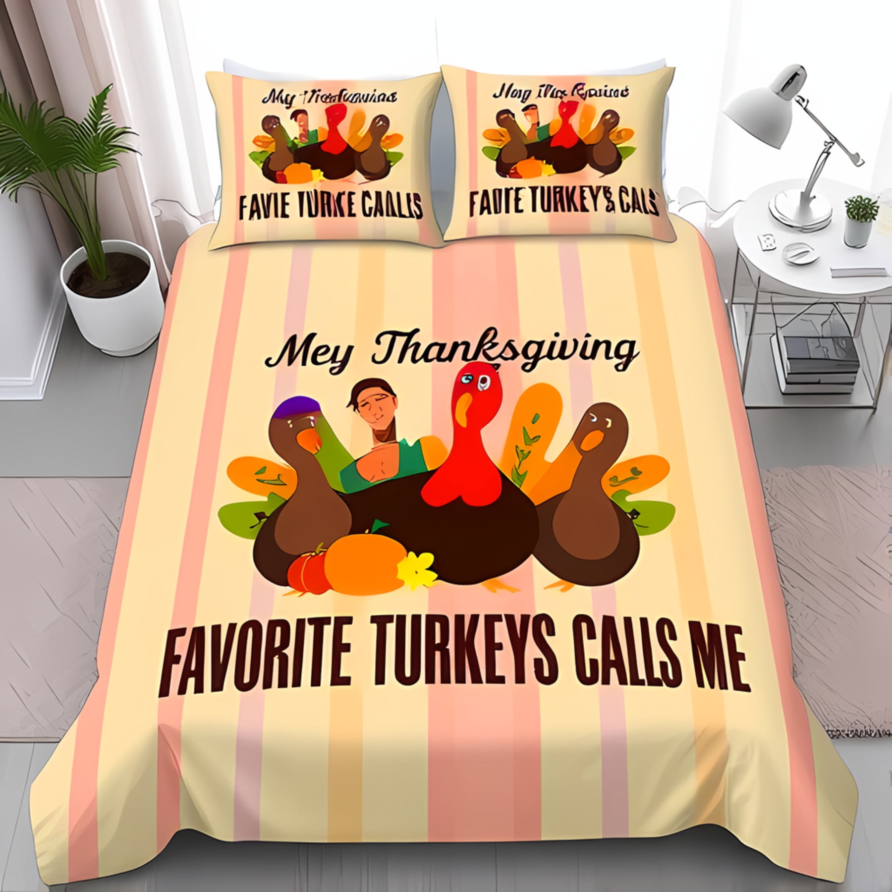 Whimsical 3-Piece Duvet Cover Set with Cartoon Turkeys & Stripes ...