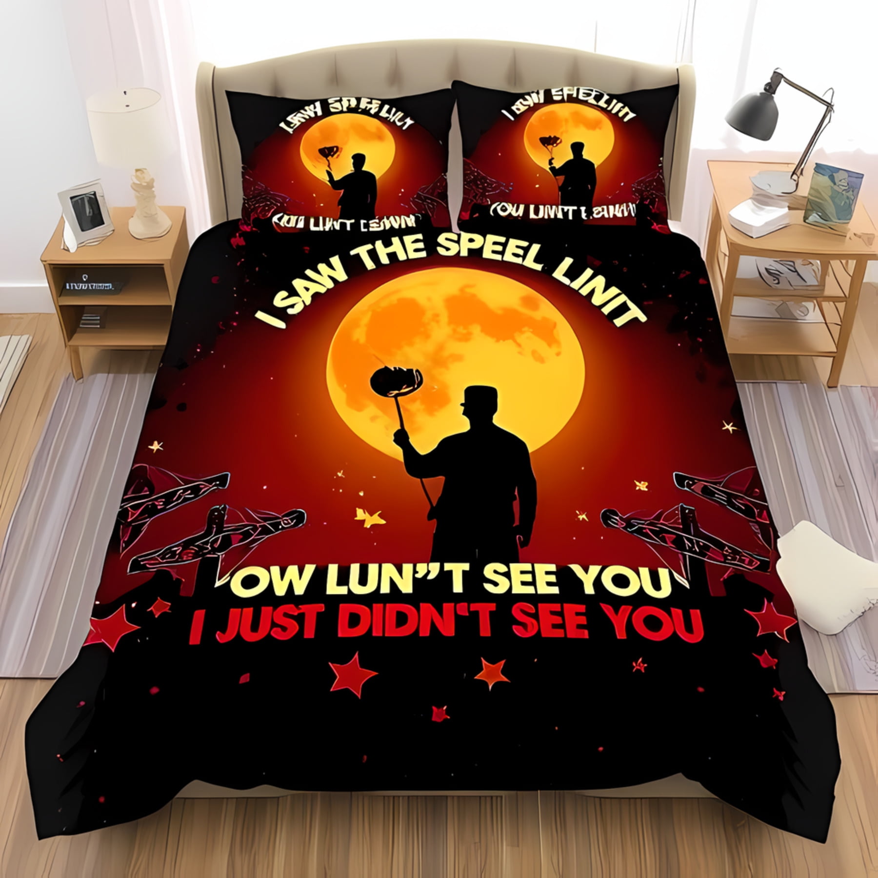 Whimsical 3-Piece Duvet Cover Set with Chimney & Orange Moon Design ...