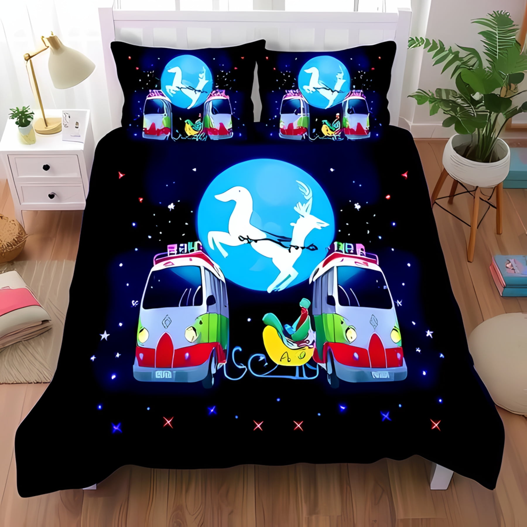 Whimsical 3-Piece Duvet Cover Set with Colorful Ambulances & Mythical ...