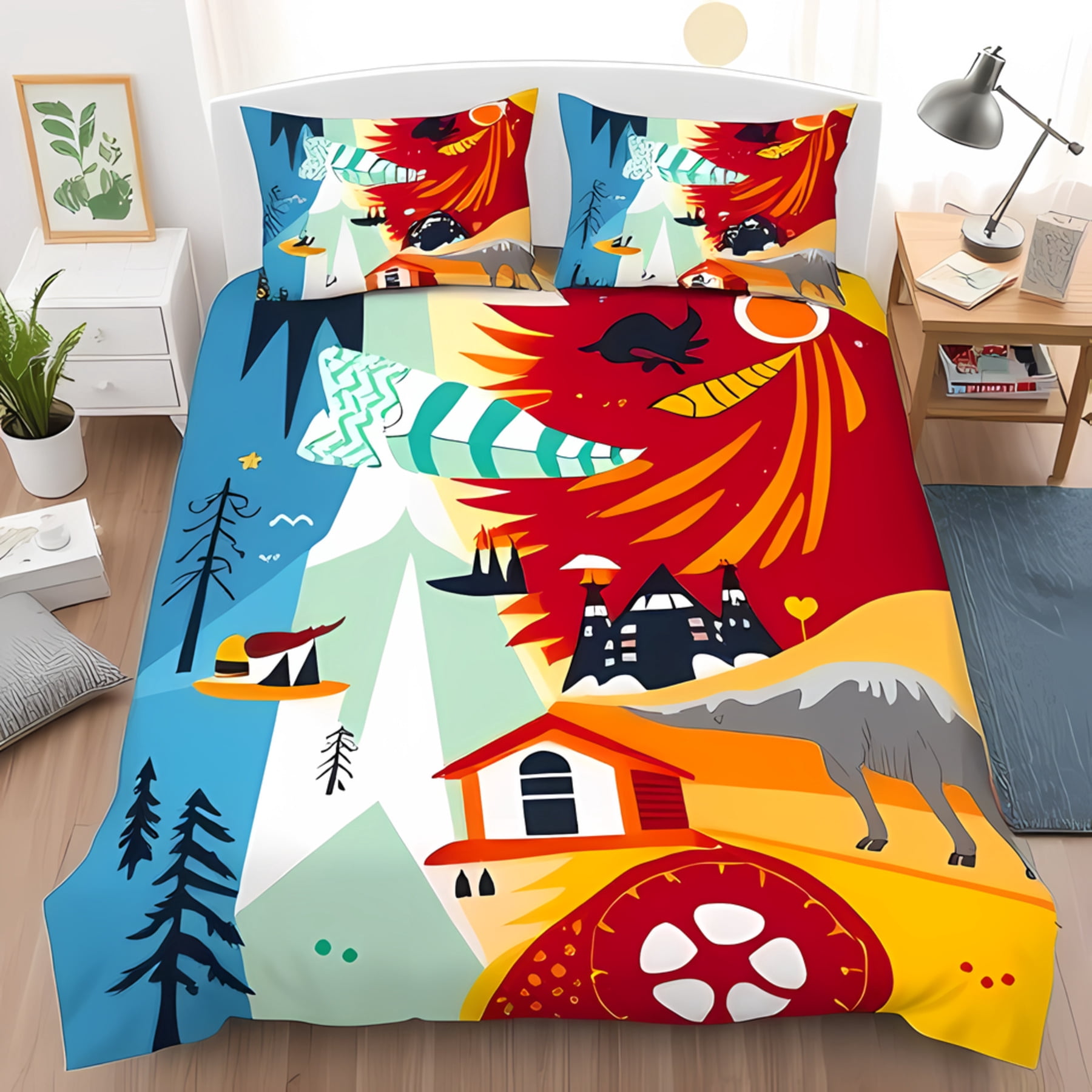 Whimsical 3-Piece Duvet Cover Set with Colorful Mountain Landscape ...
