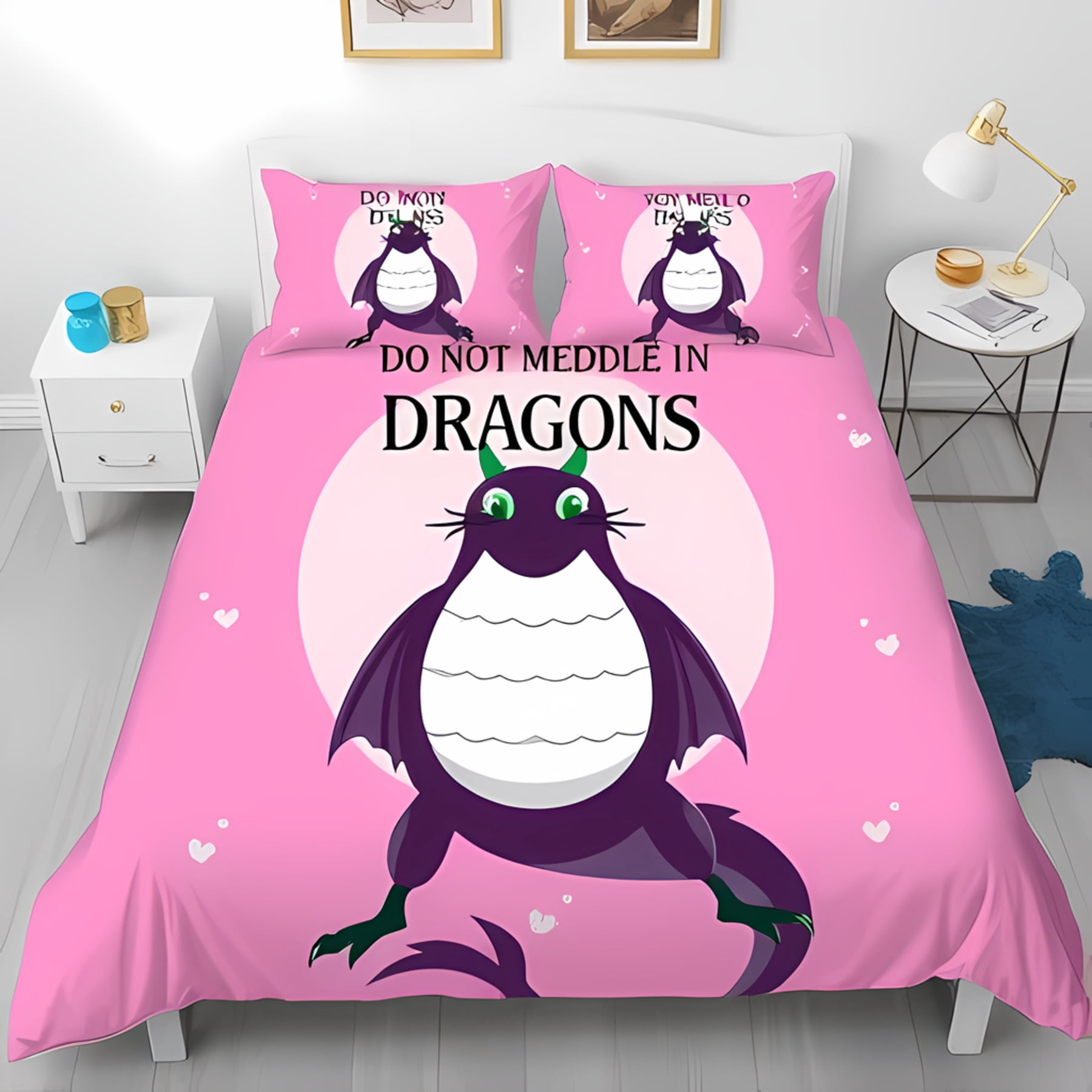 Whimsical 3-Piece Duvet Cover Set with Cute Purple Dragon & Playful "DO ...