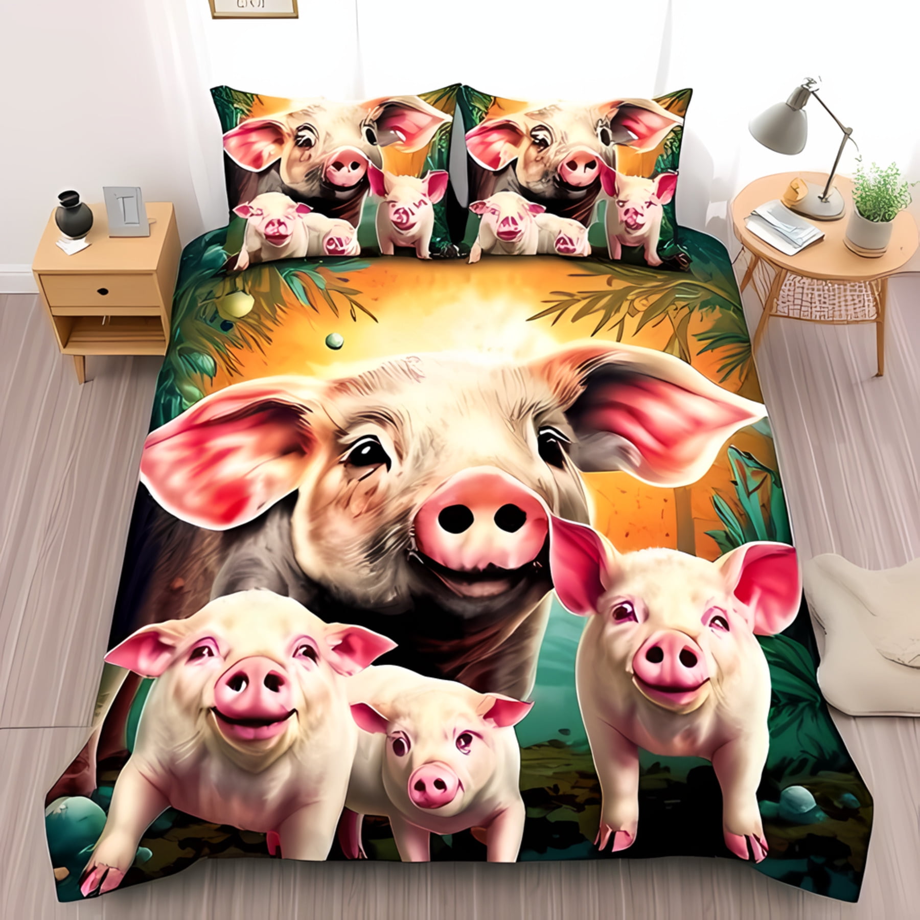 Whimsical 3-Piece Duvet Cover Set with Mother Pig & Piglets Design ...