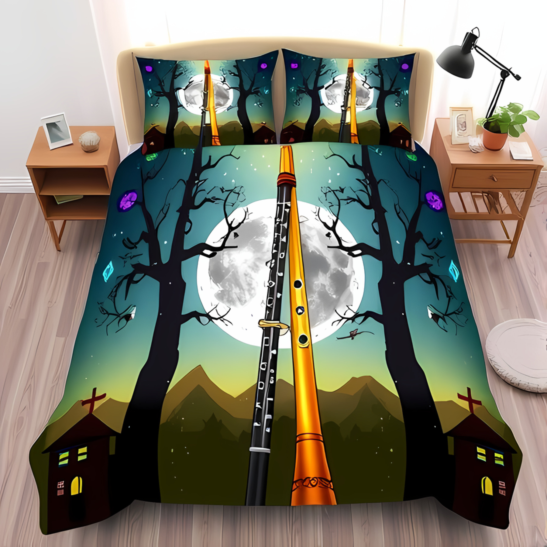 Whimsical 3-Piece Duvet Cover Set with Nocturnal Landscape Musical ...