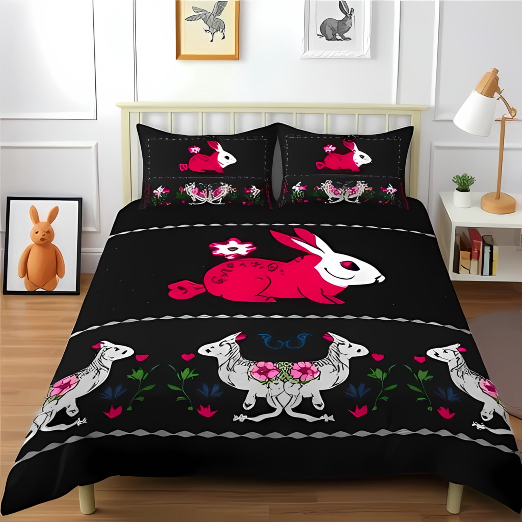 Whimsical 3-Piece Duvet Cover Set with Pink Rabbits & Camelids on Black ...