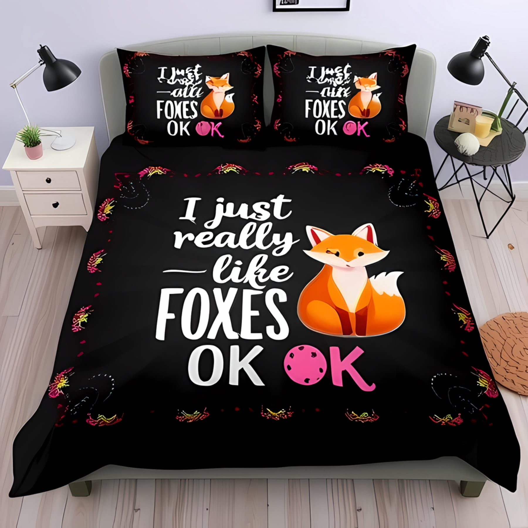 Whimsical 3-Piece Fox Duvet Cover Set - Vibrant Colors & Playful Slogan ...