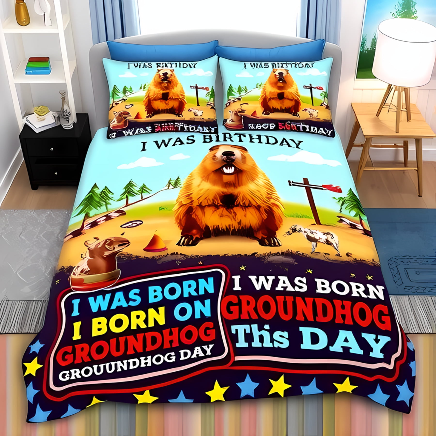Whimsical 3-Piece Groundhog Day Duvet Cover Set - Cartoon Groundhog ...